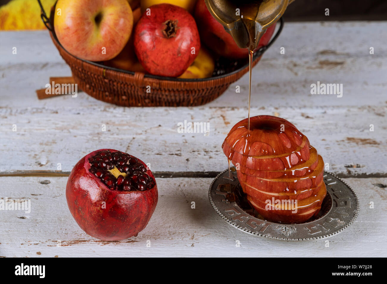 Honey, apple and pomegranate for traditional holiday symbols rosh ...