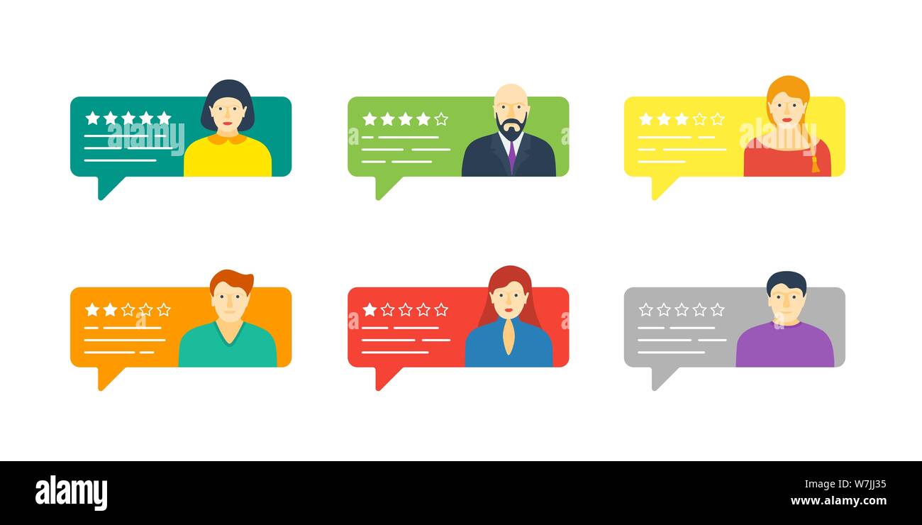 Feedback chat speech bubble set with male and female avatars. Review ...