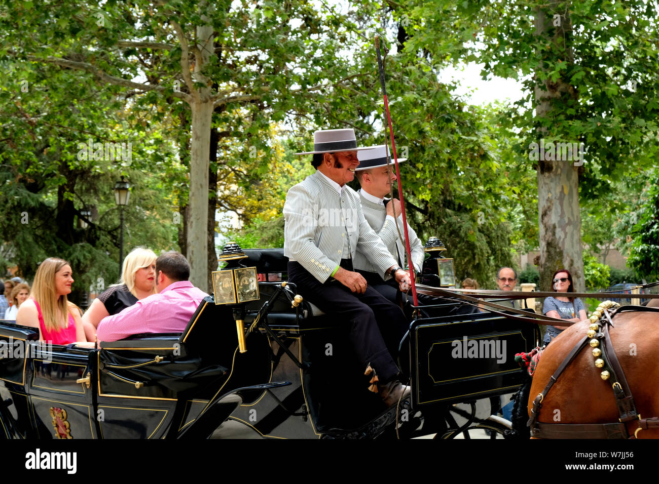 Two men in traditional Spanish costume atop a horse drawn carriage ...