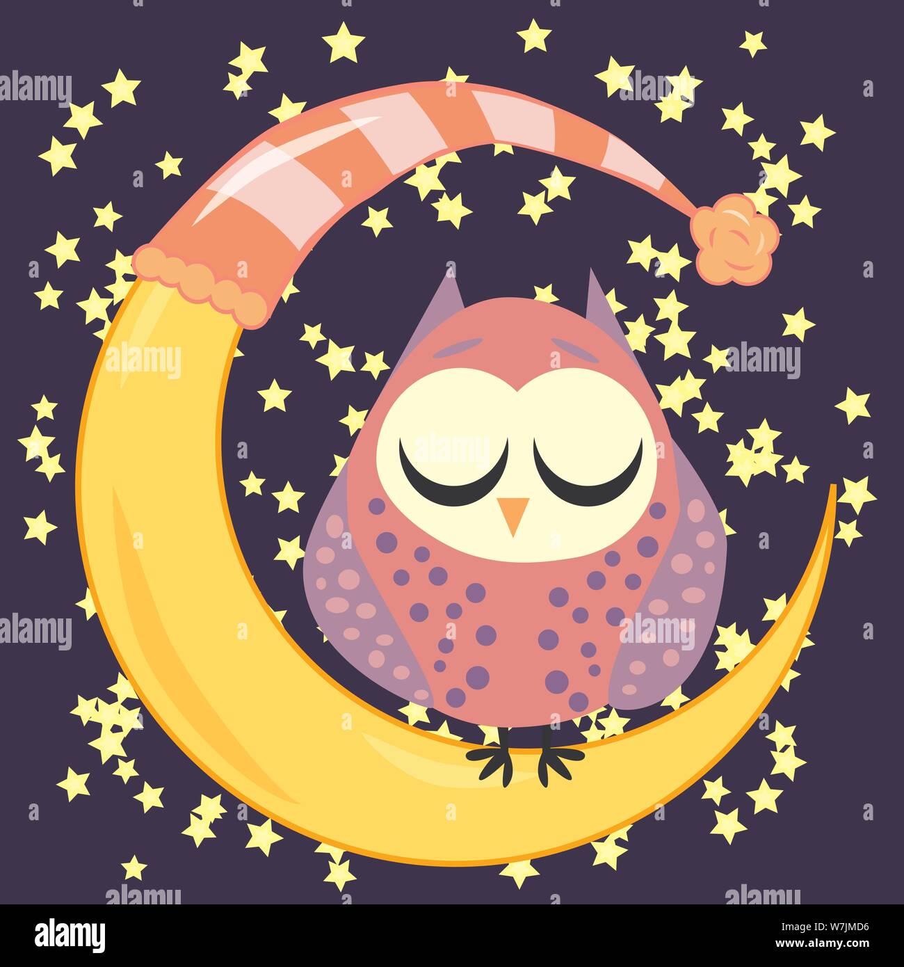 cute cartoon sleeping owl in circles with closed eyes sits on a drowsy ...