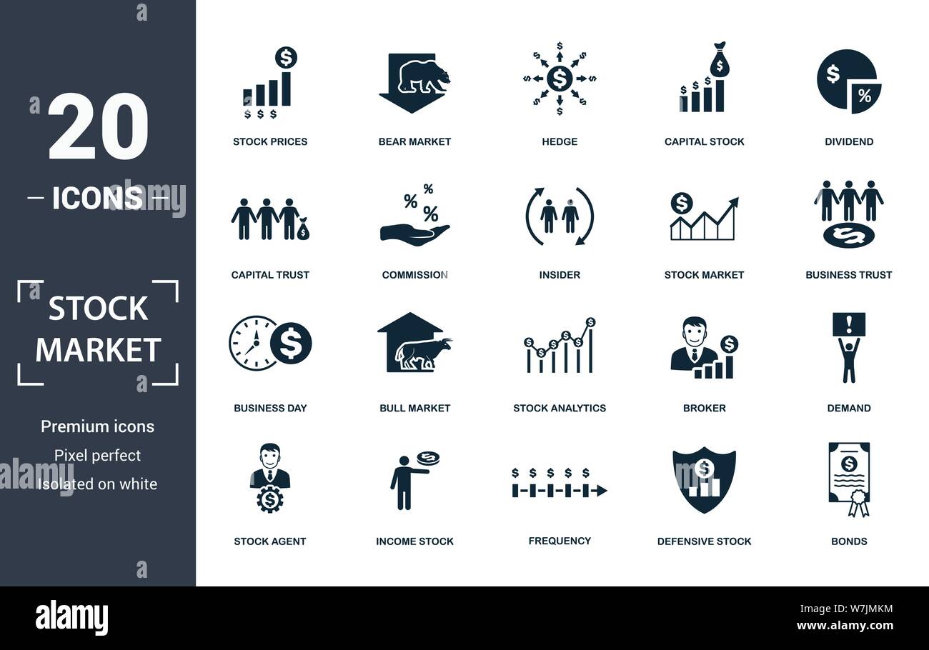 Stock Market icon set. Contain filled flat bear market, stock market ...