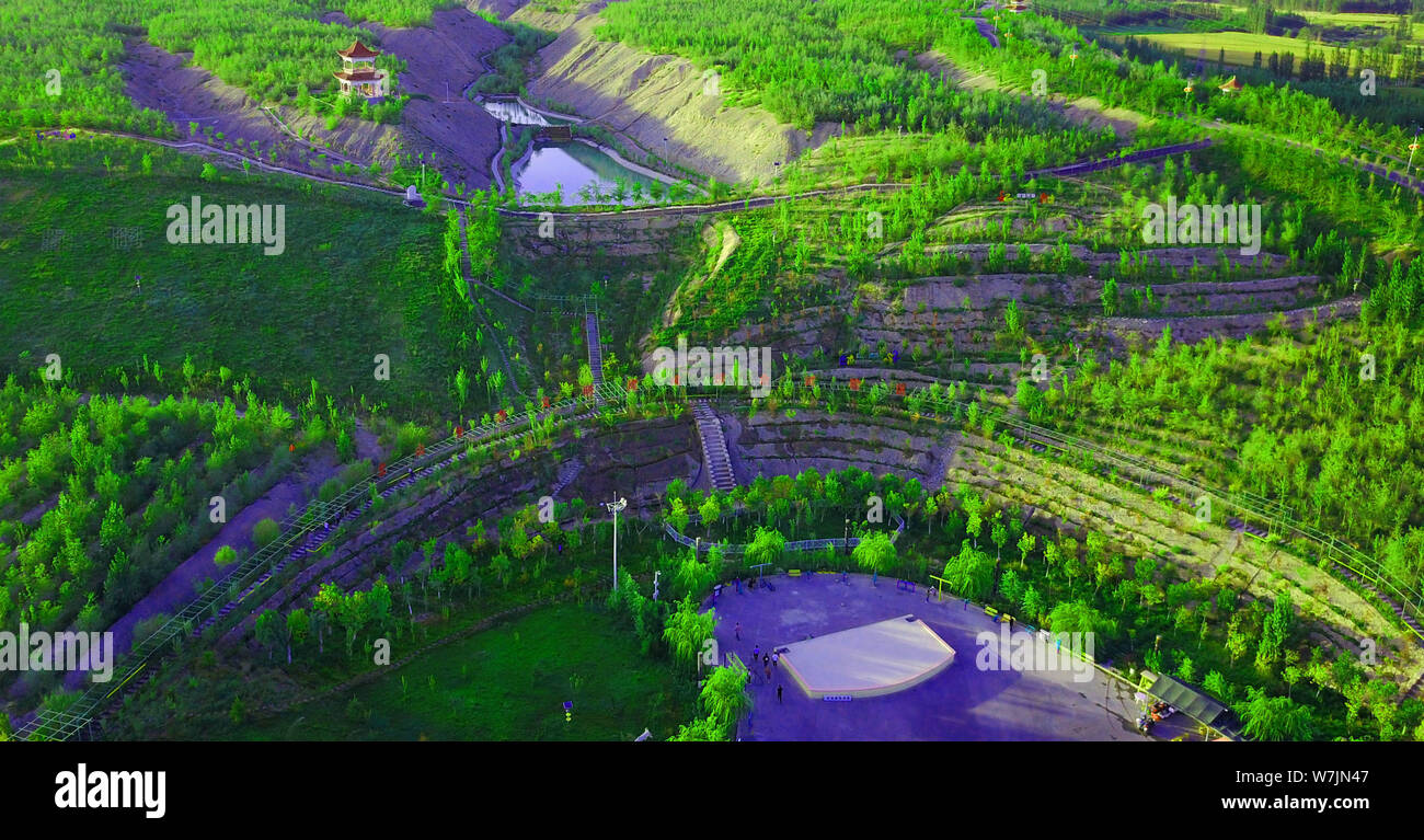 Aerial view of the Beishan Ecological Protection Belt in Hejing County ...