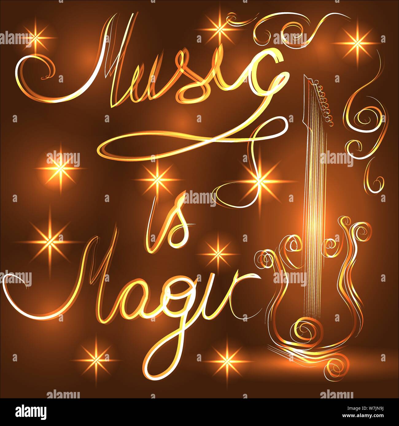 Music is Magic. Elegant golden guitar outline, glowing on a dark ...