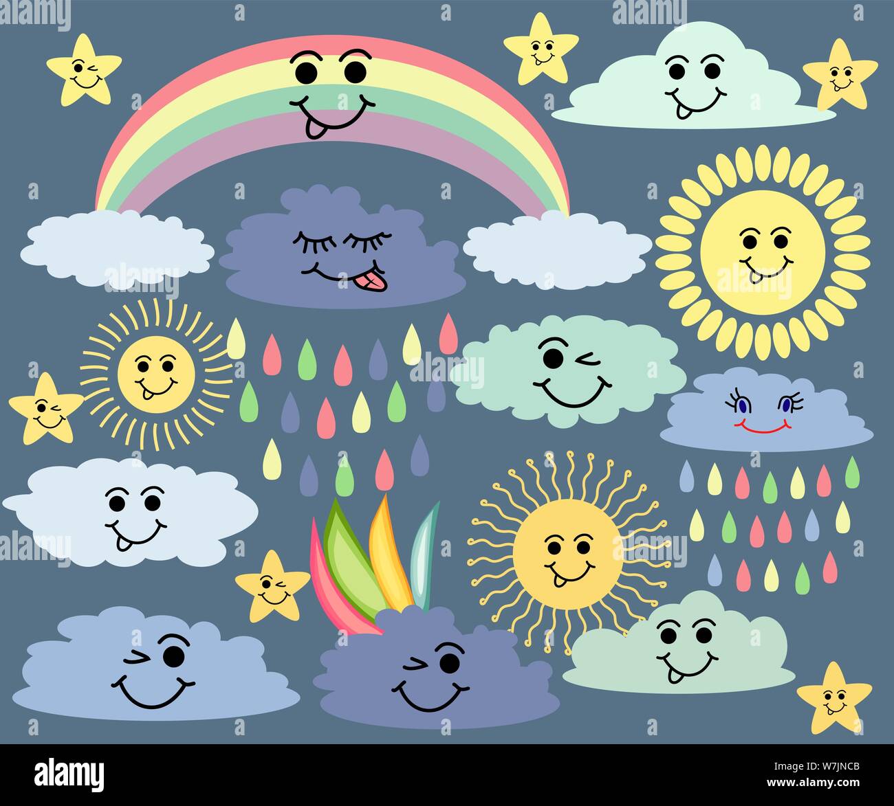 Emotional sun and clouds, stars, rainbow on dark background. Cute ...