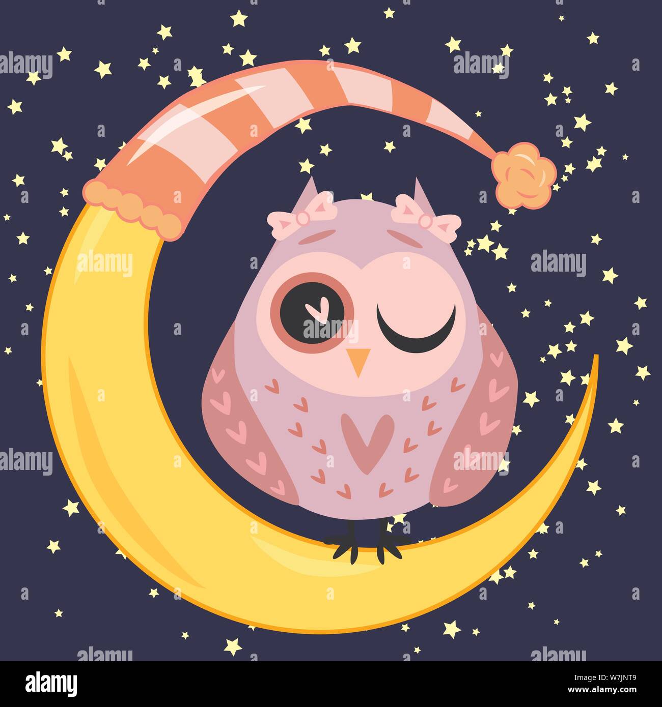 cute cartoon sleeping owl in circles with closed eyes sits on a drowsy ...