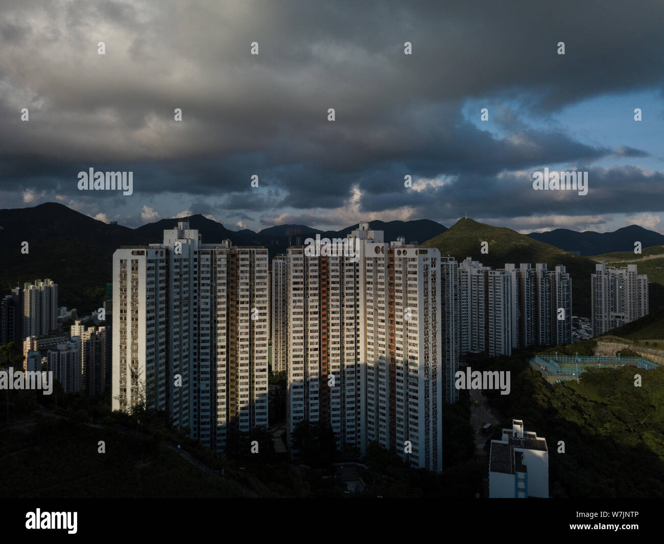 Public residential housing blocks in Ap Lei Chau Island are lit up by ...