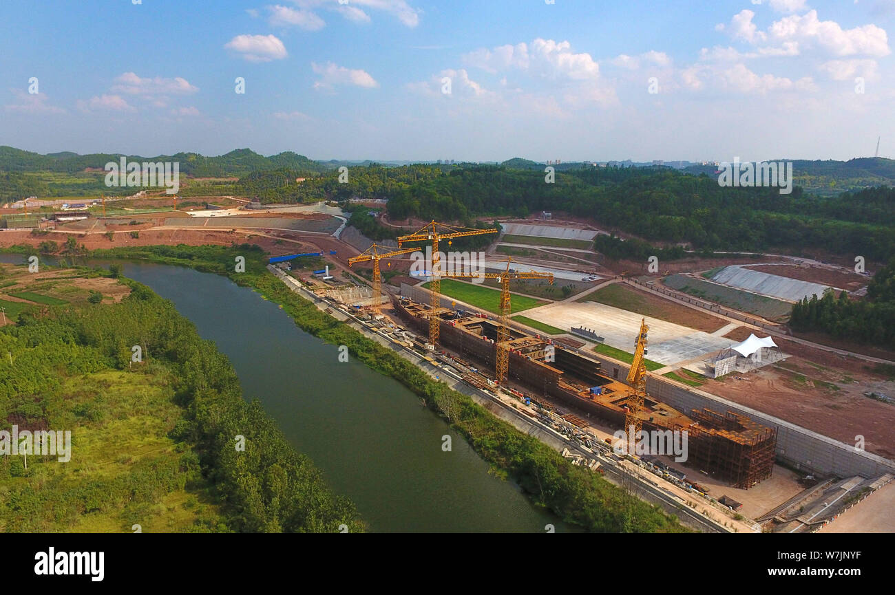 Aerial view of the construction site of a full-scale replica of the ...