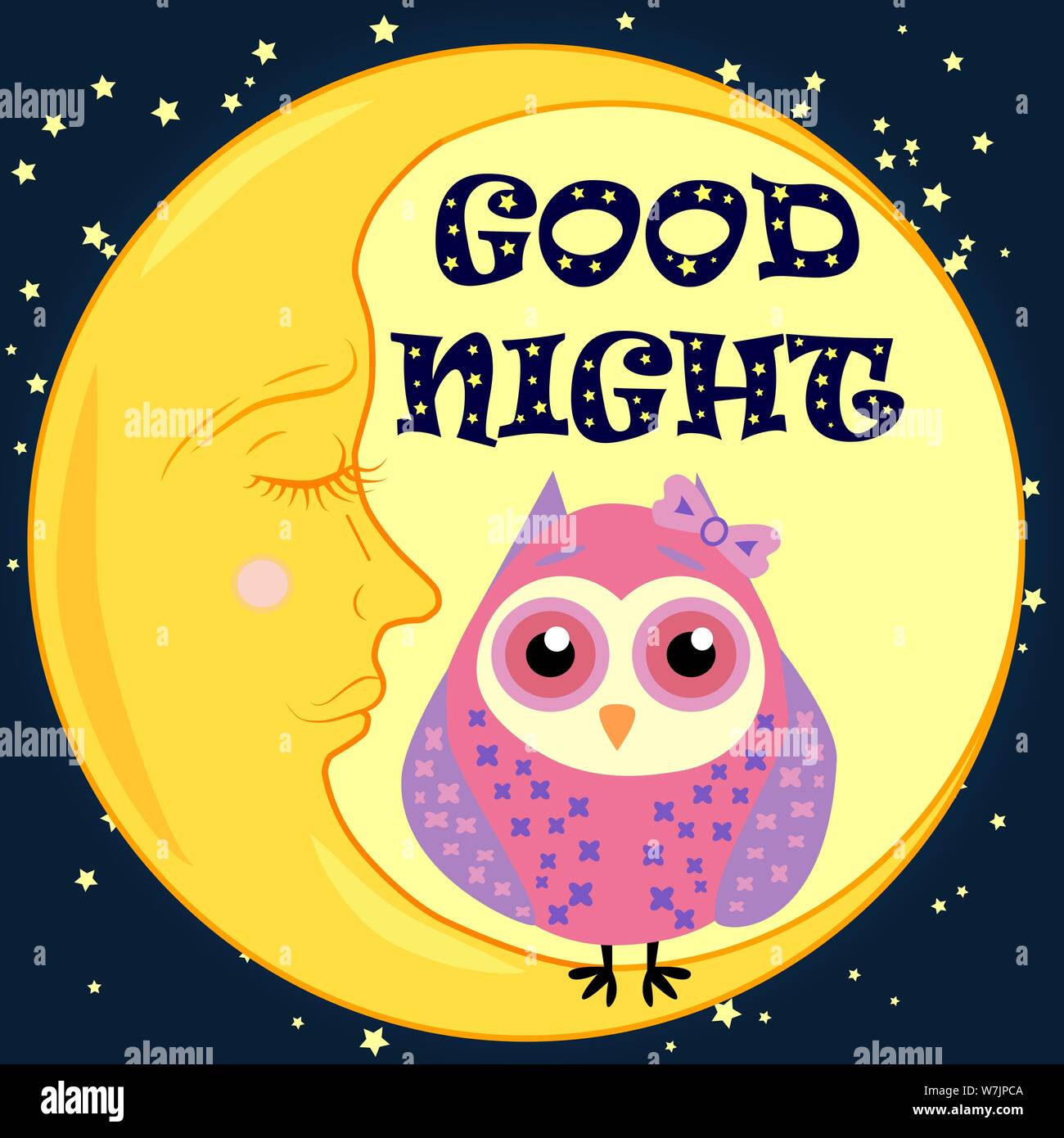 Good night. Postcard with a dormant crescent, a cute cartoon owl and ...