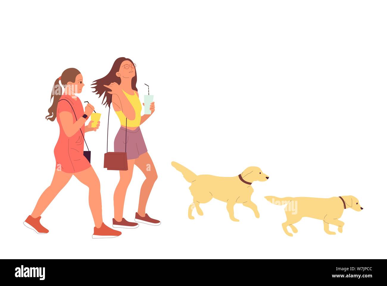 Two young girls are walking with labrador retriever dogs. Isolated on ...