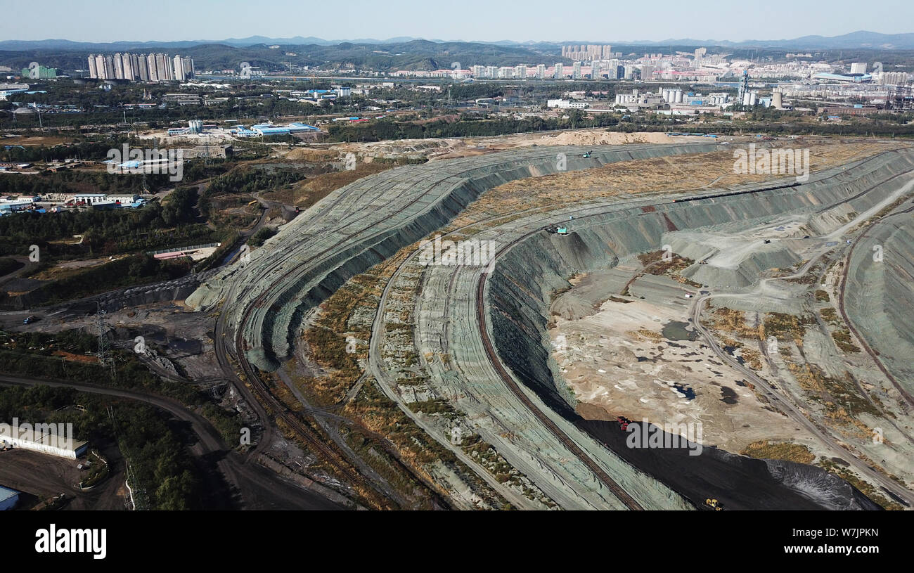Aerial view of the Fushun West Open Coal Mine, the largest open coal ...