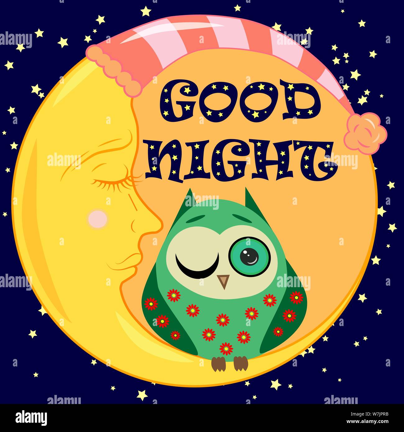 Good night. Postcard with a dormant crescent, a cute cartoon owl and ...