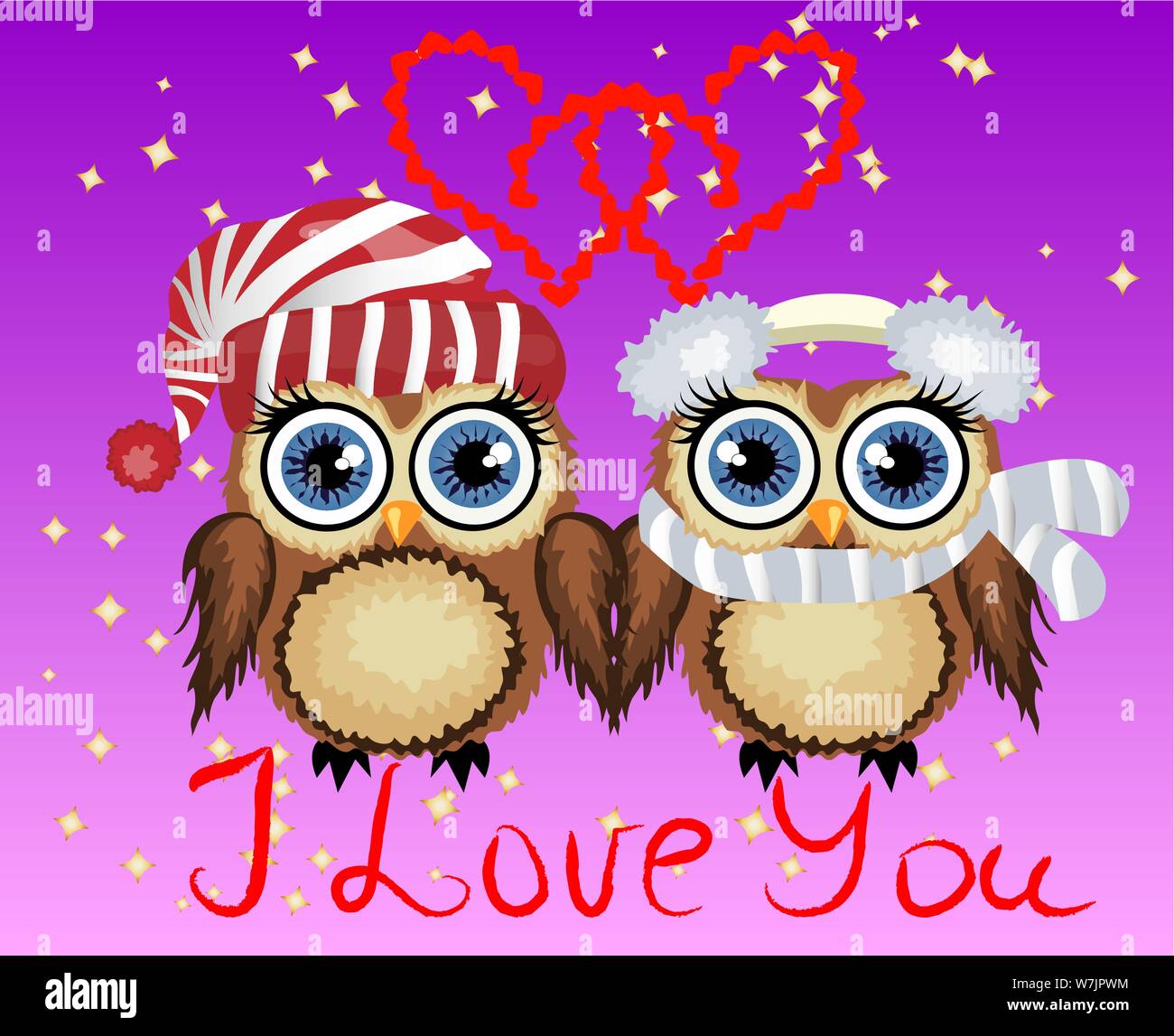 Two loving owls, a pair, touch their wings, on a purple background ...