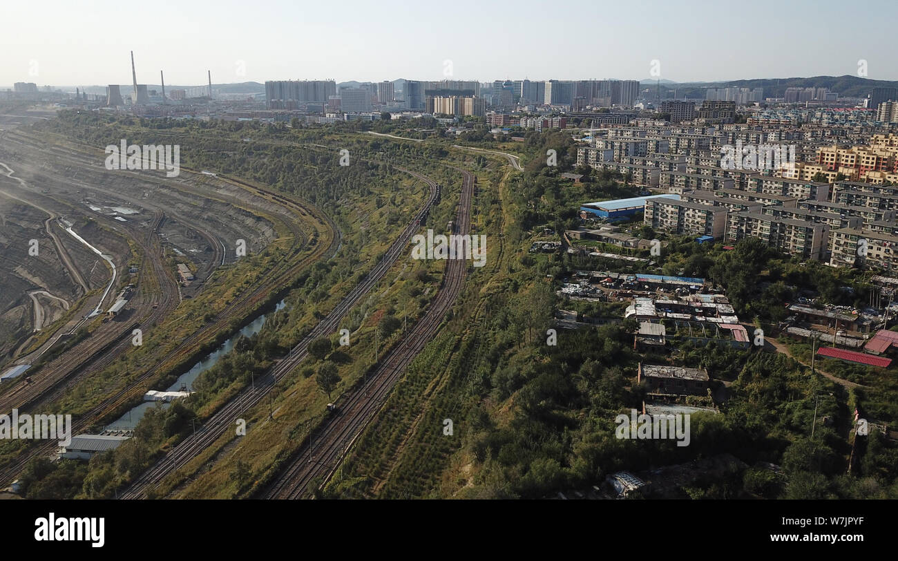 Aerial view of the Fushun East Open-Pit Coal Mine in Fushun city ...