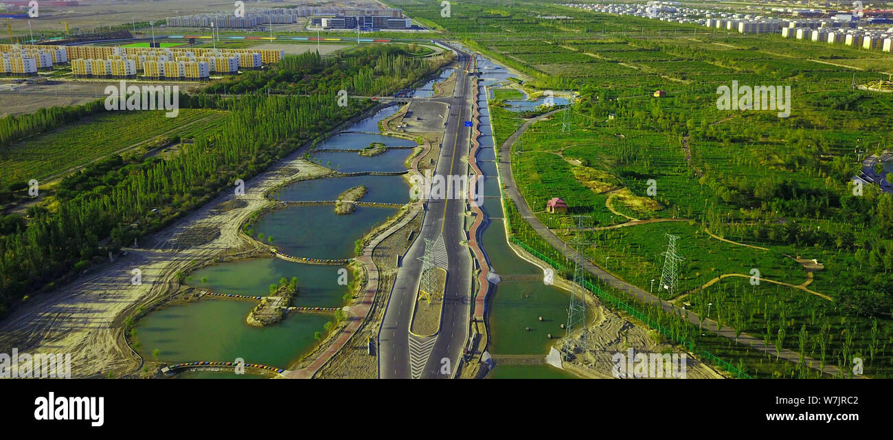 Aerial view of the Donggui Ecological Park in Hejing County, northwest ...