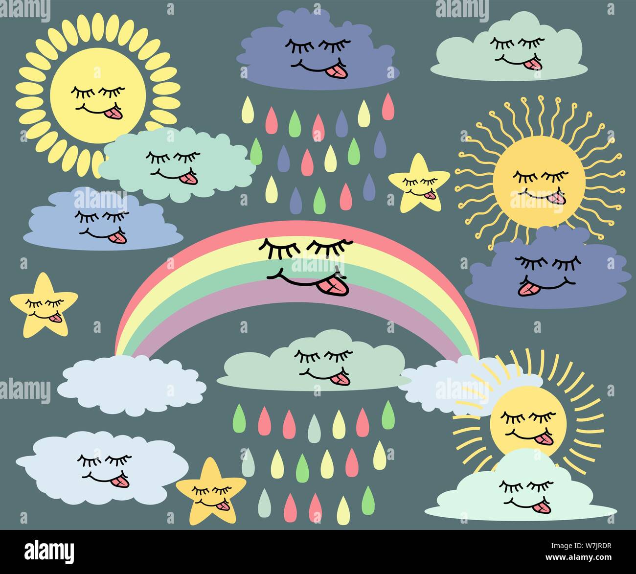 Emotional sun and clouds, stars, rainbow on dark background. Cute ...