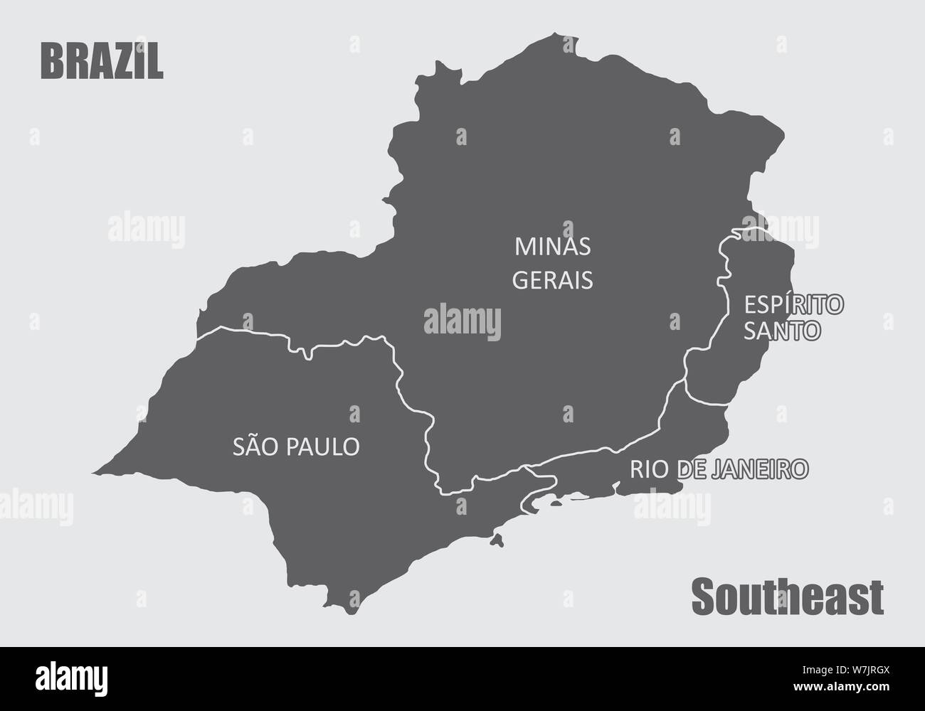 Gray Map of the Brazil southeast region isolated on white background ...