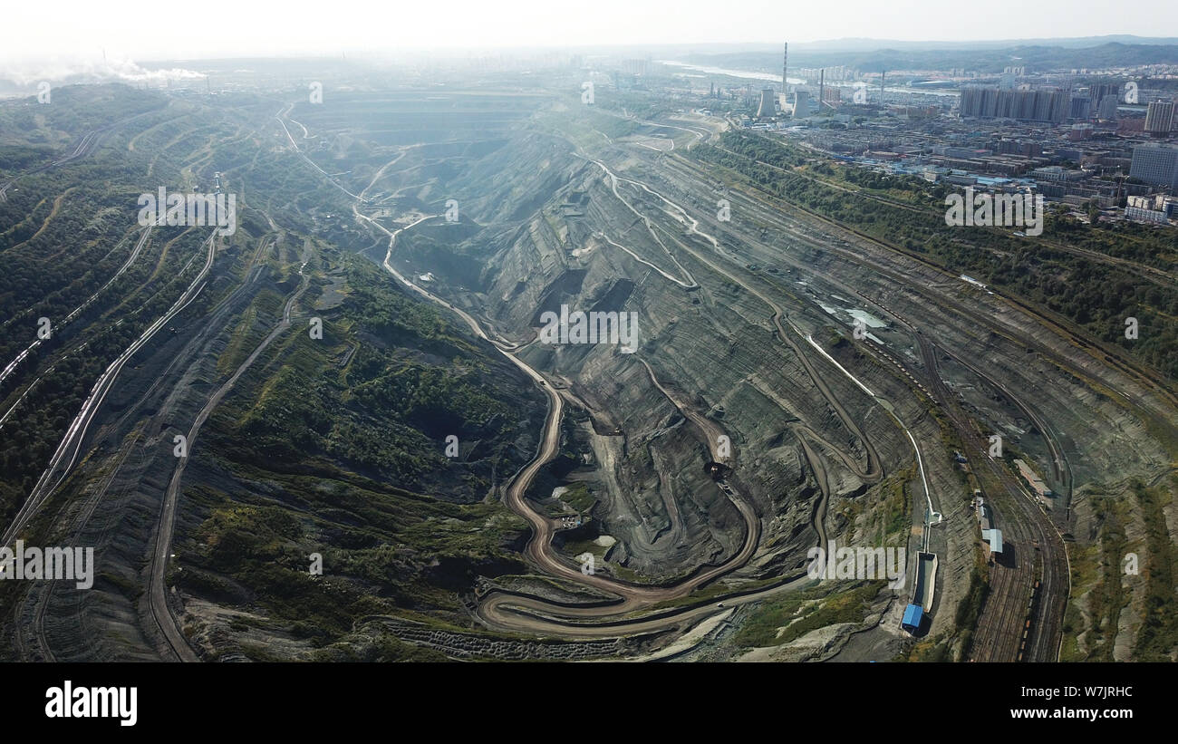 Aerial view of the Fushun East Open-Pit Coal Mine in Fushun city ...