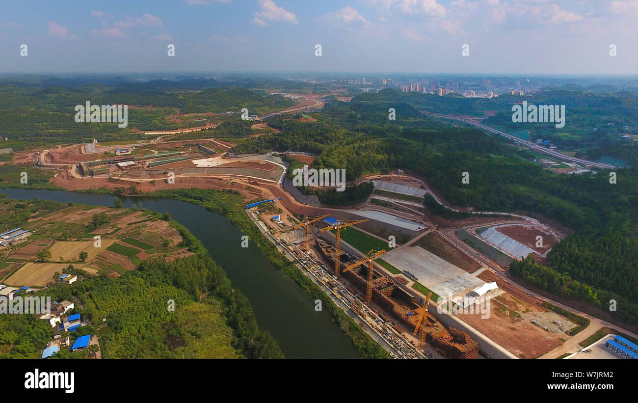 Aerial view of the construction site of a full-scale replica of the ...