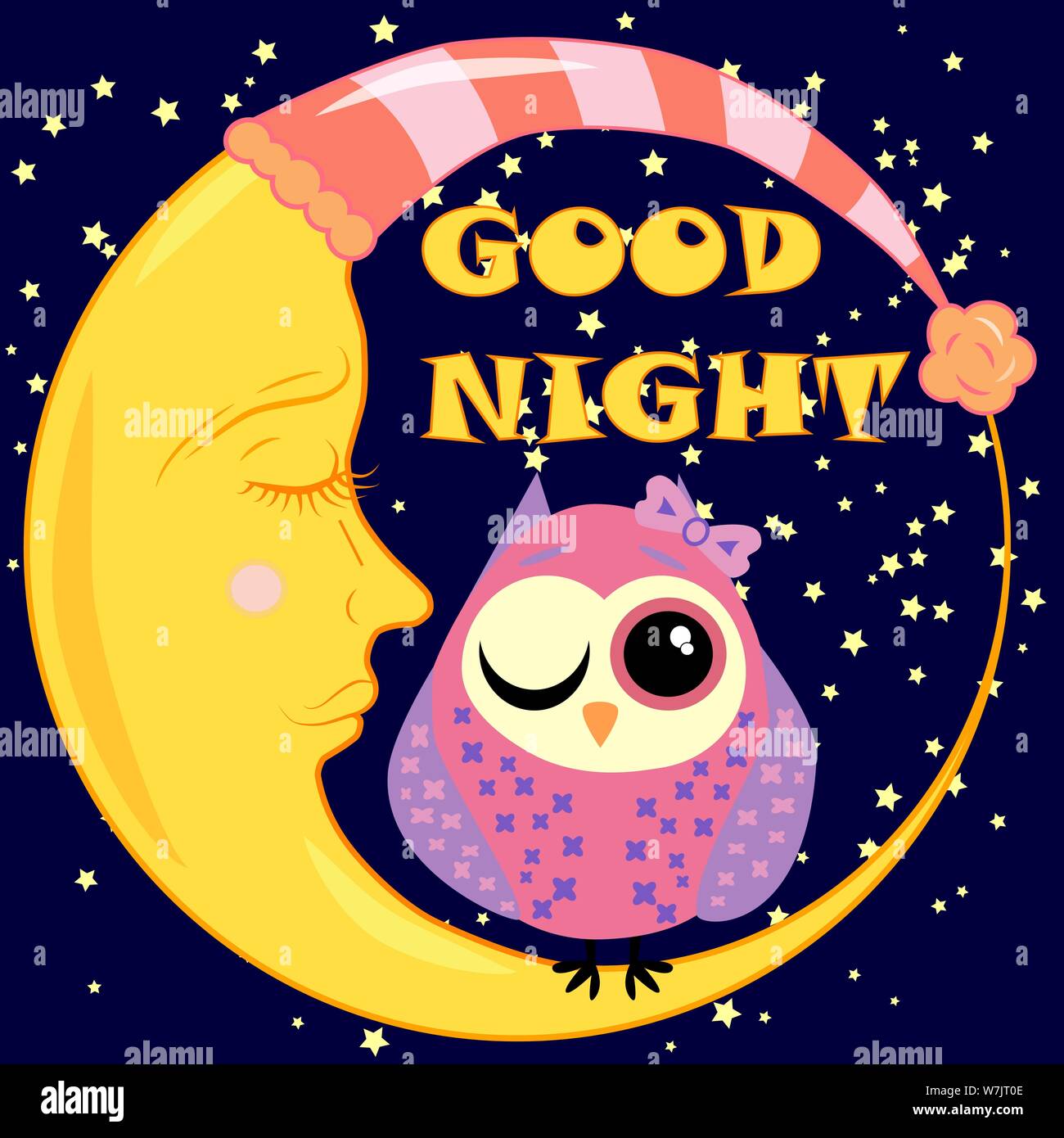 Good night. Postcard with a dormant crescent, a cute cartoon owl and ...