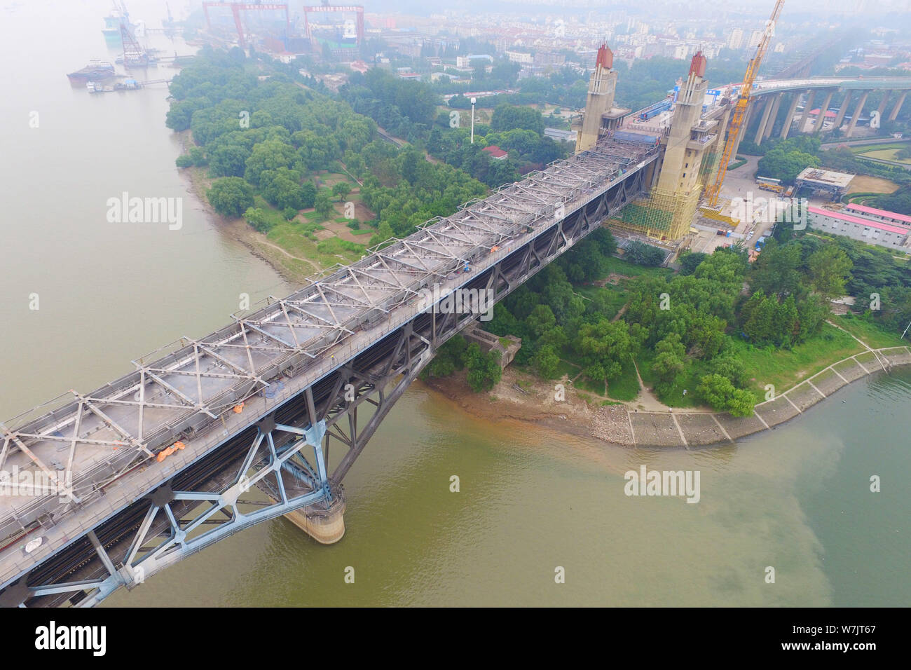 Aerial view of the steel framework of the Nanjing Yangtze River Bridge ...