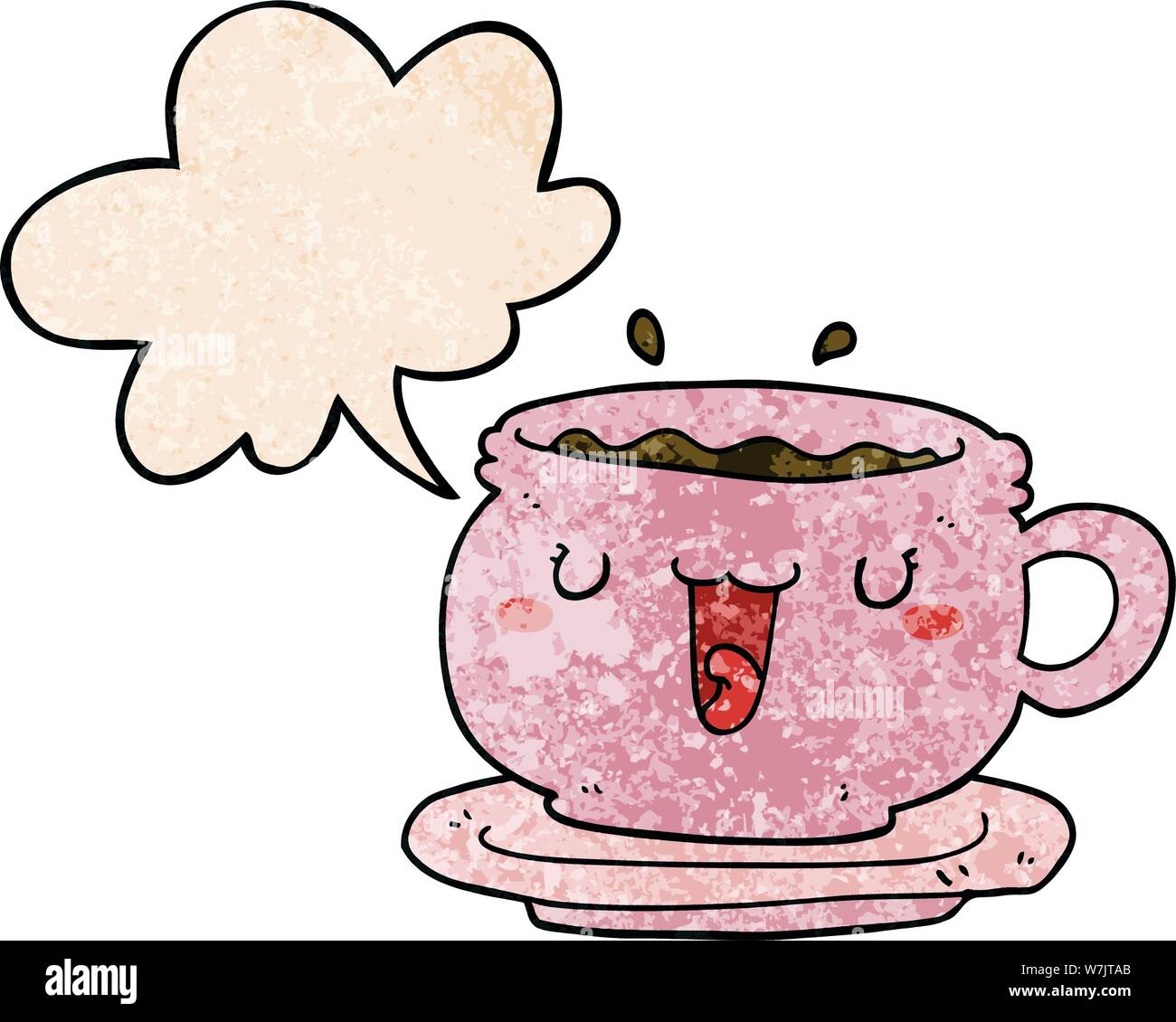 cute cartoon cup and saucer with speech bubble in retro texture style ...