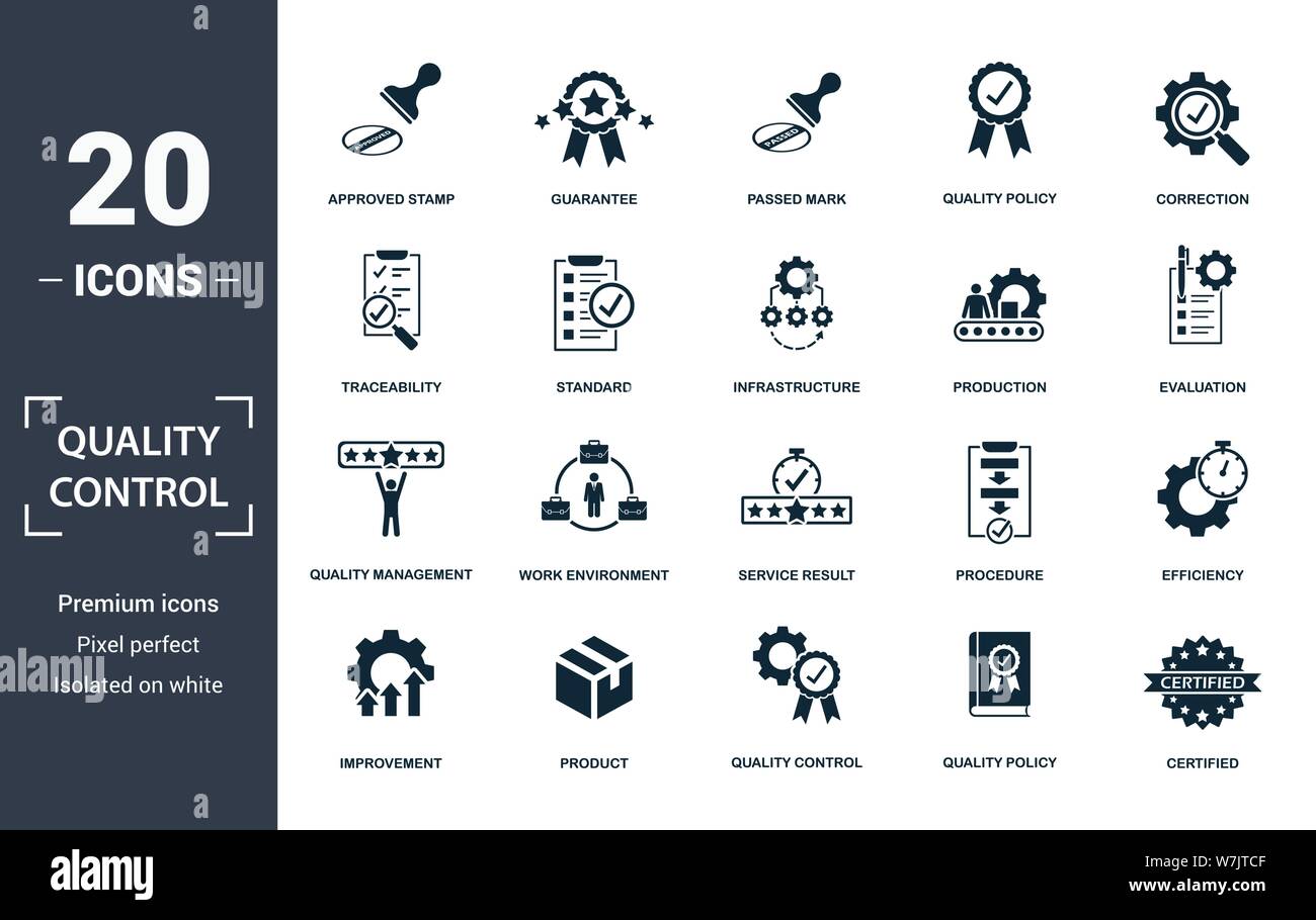Quality Control icon set. Contain filled flat correction, efficiency, infrastructure, quality ...
