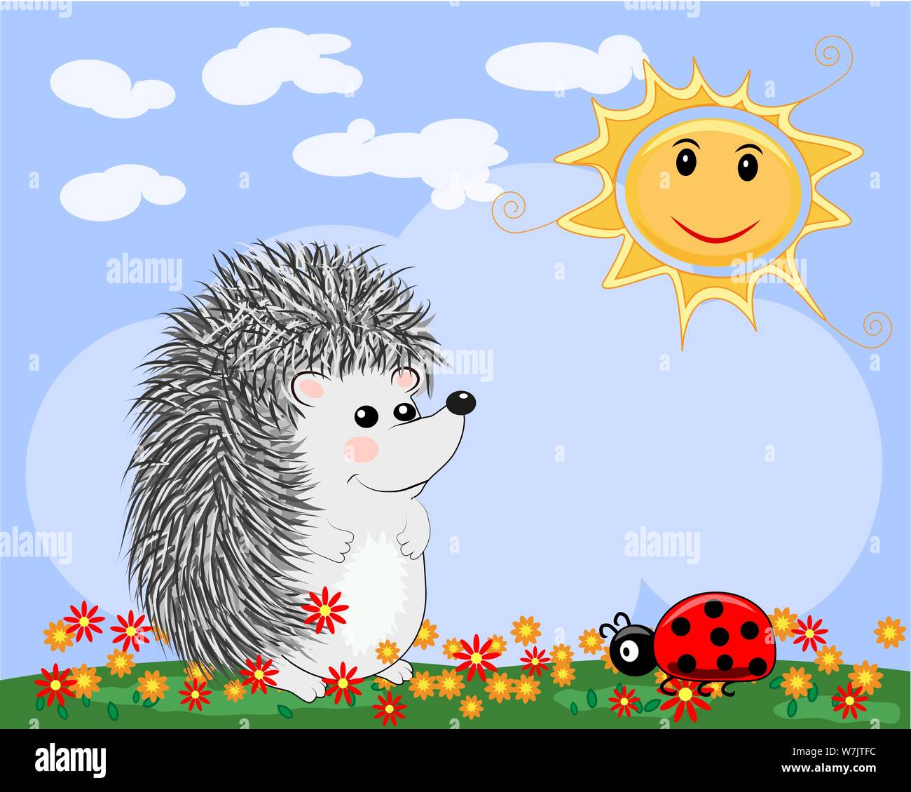 Lovely cartoon hedgehog and a ladybird on a spring, summer day Stock ...
