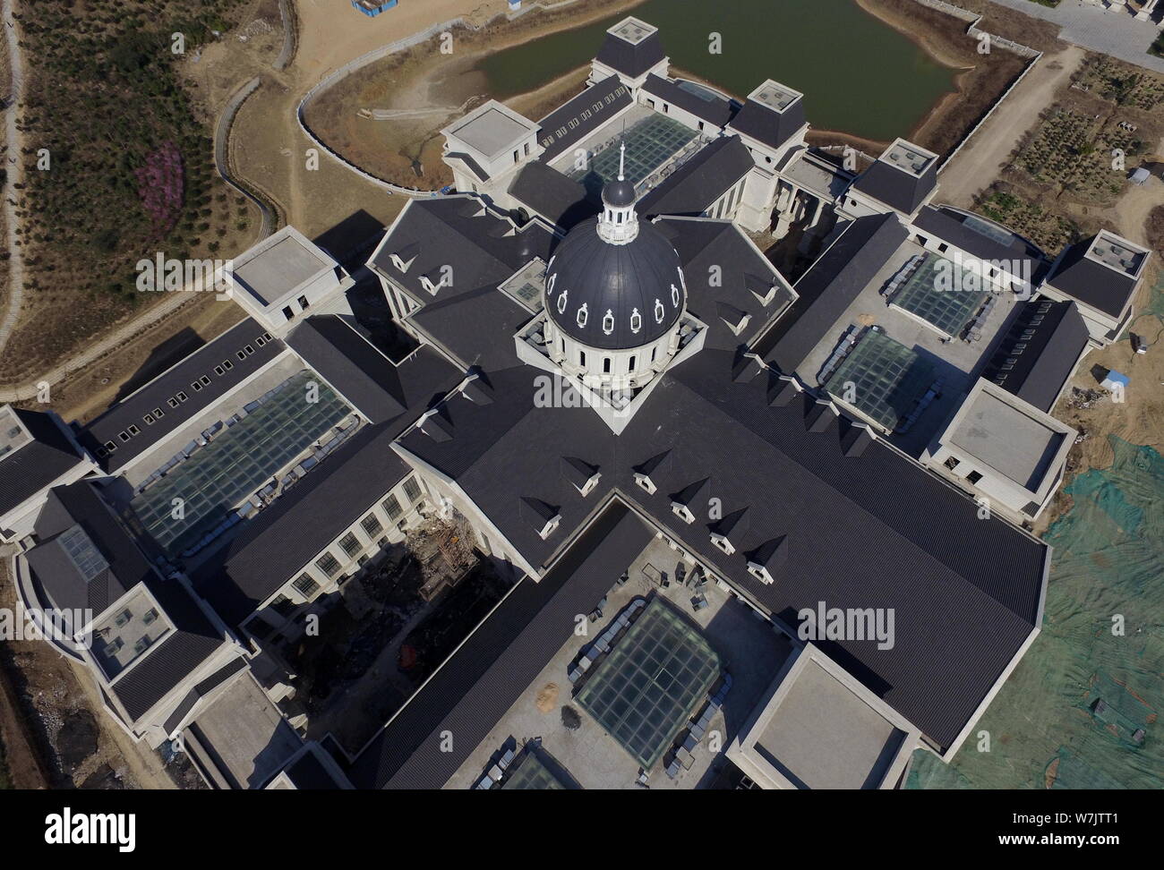 Aerial view of a European-style building at the Zilonghu campus of ...