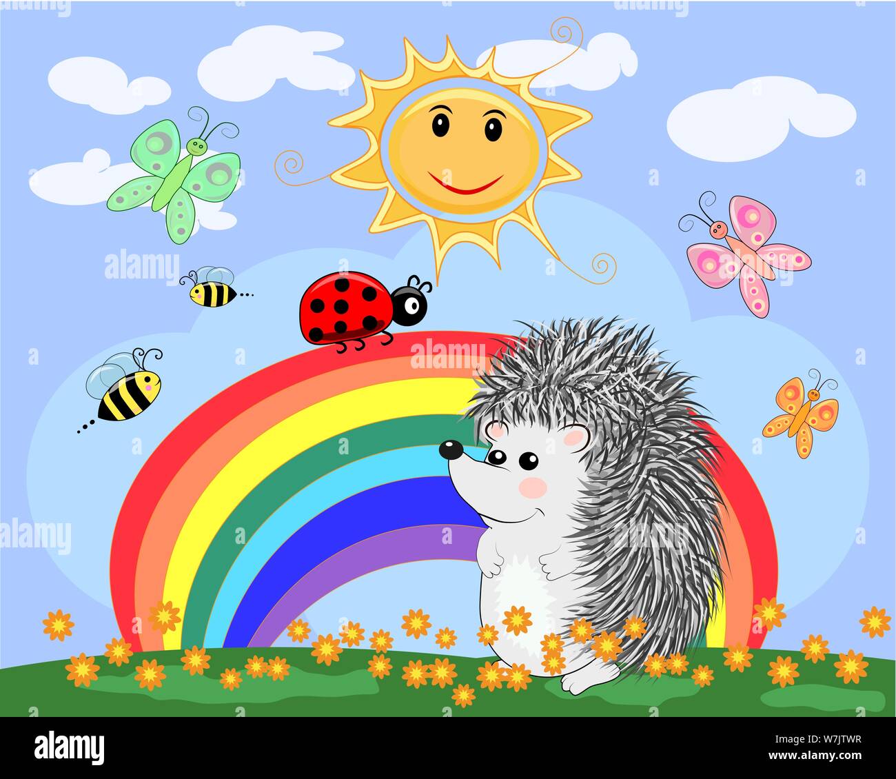 Lovely cartoon hedgehog near a seven-colored rainbow and a ladybird on ...