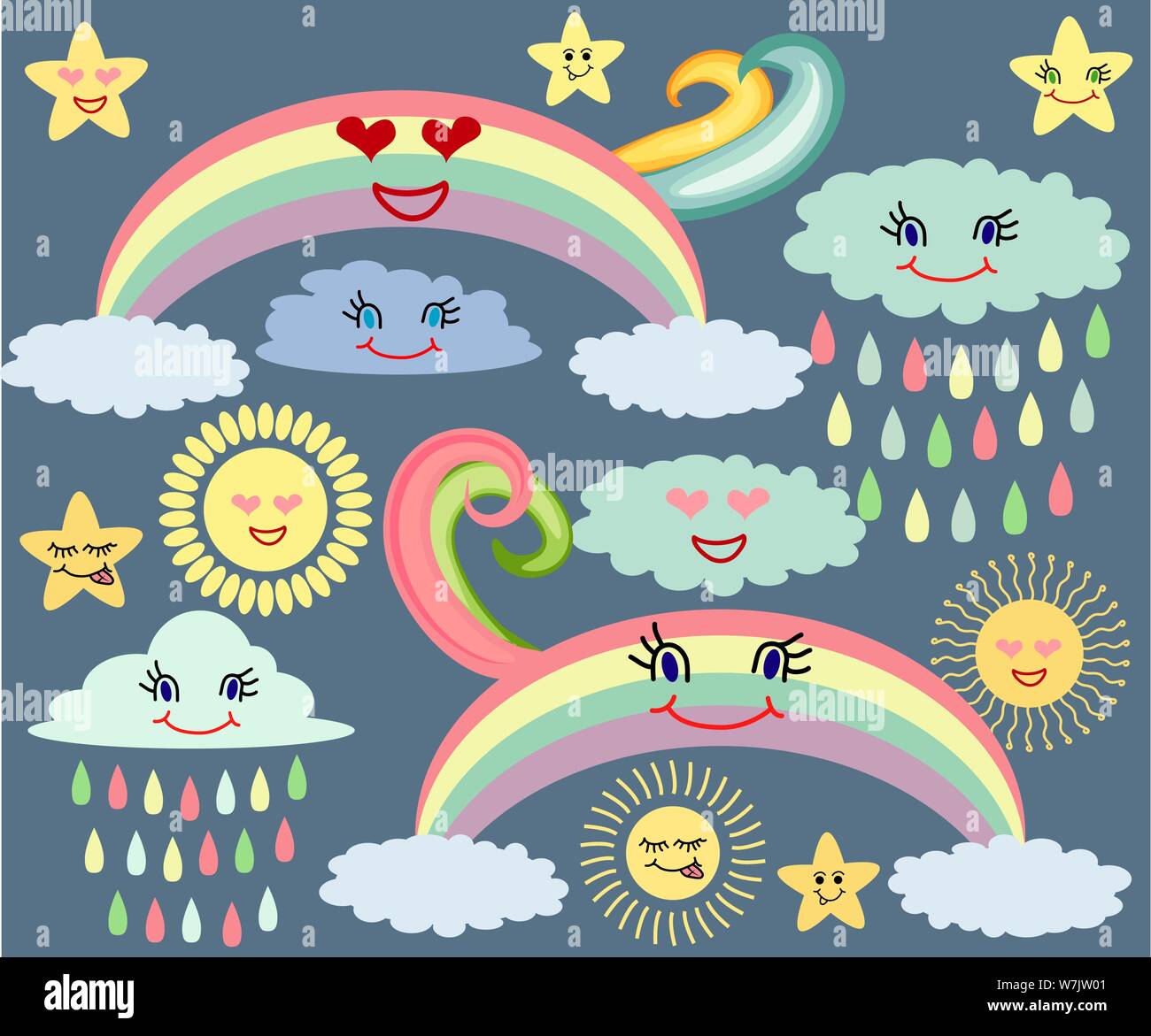 Emotional sun and clouds, stars, rainbow on dark background. Cute ...