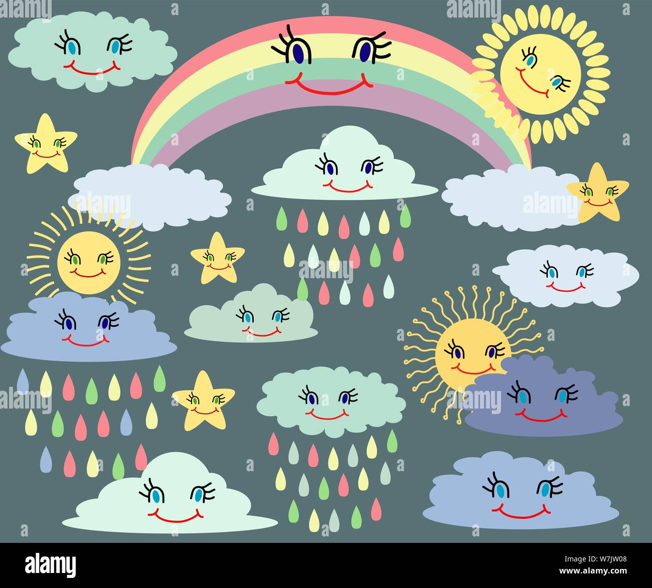 Emotional sun and clouds, stars, rainbow on dark background. Cute ...