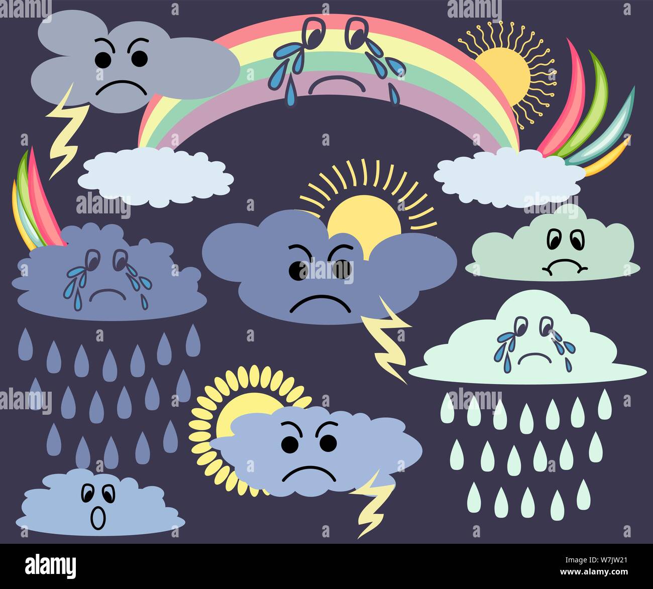 Emotional sun and clouds, stars, rainbow on dark background. Cute ...