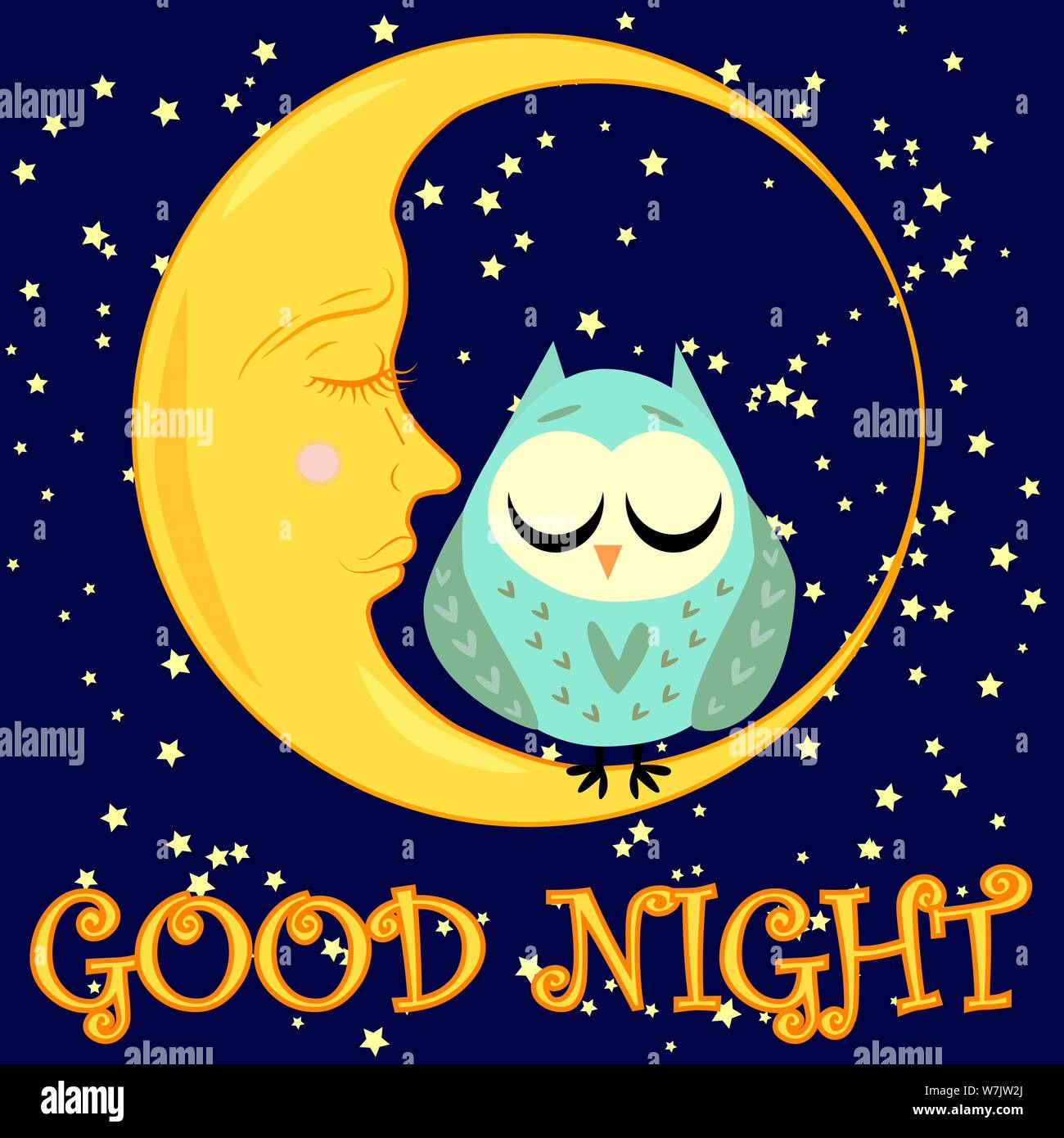 Good night. Postcard with a dormant crescent, a cute cartoon owl and ...