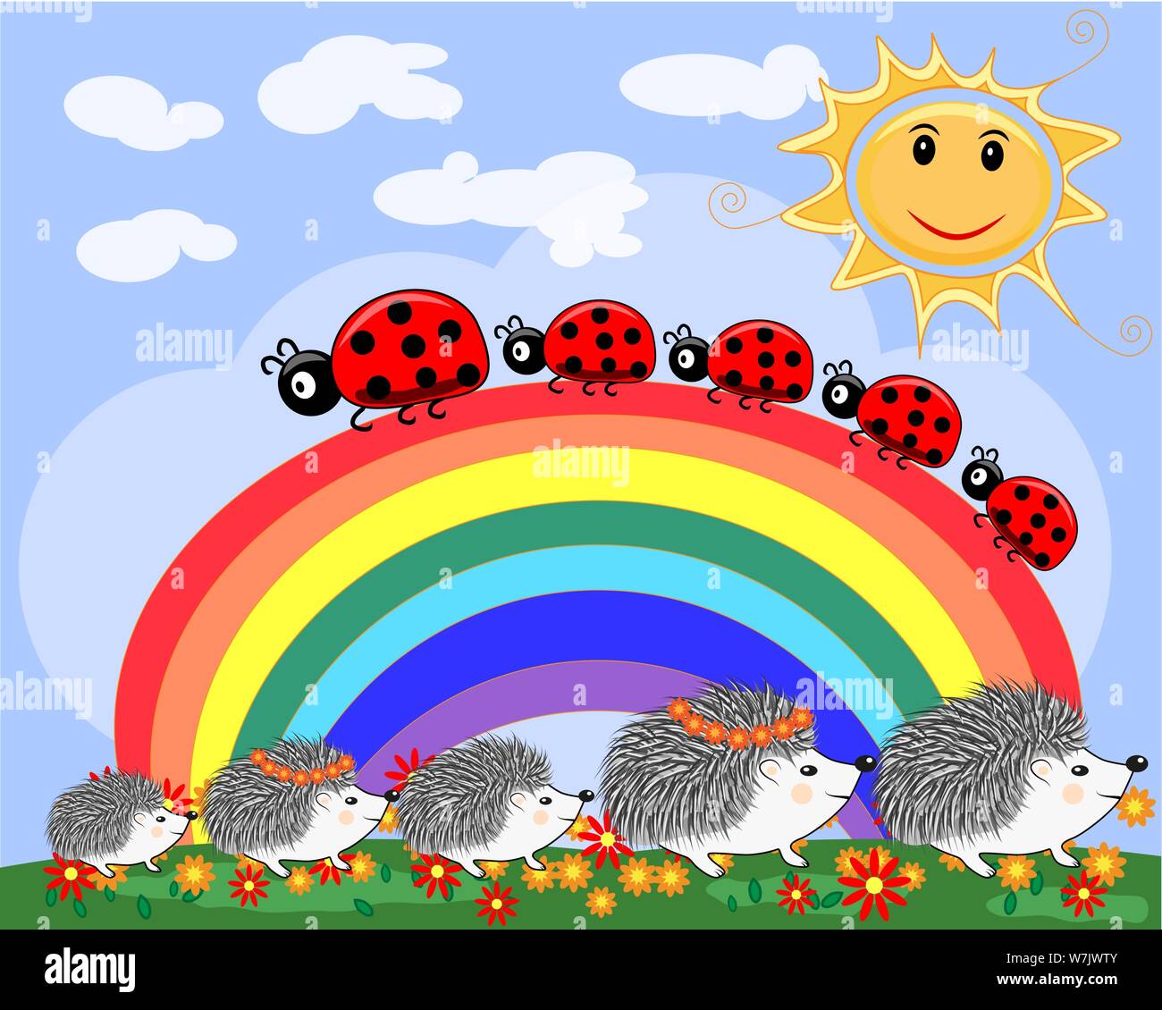 A family of five cute cartoon hedgehogs and a family of five ladybirds ...