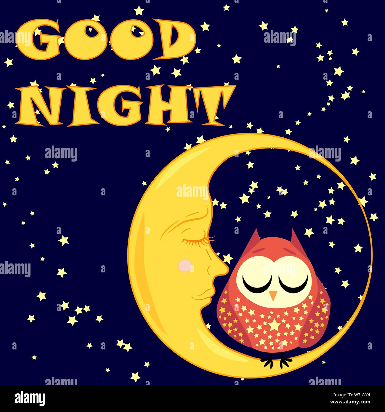 Good night. Postcard with a dormant crescent, a cute cartoon owl and ...
