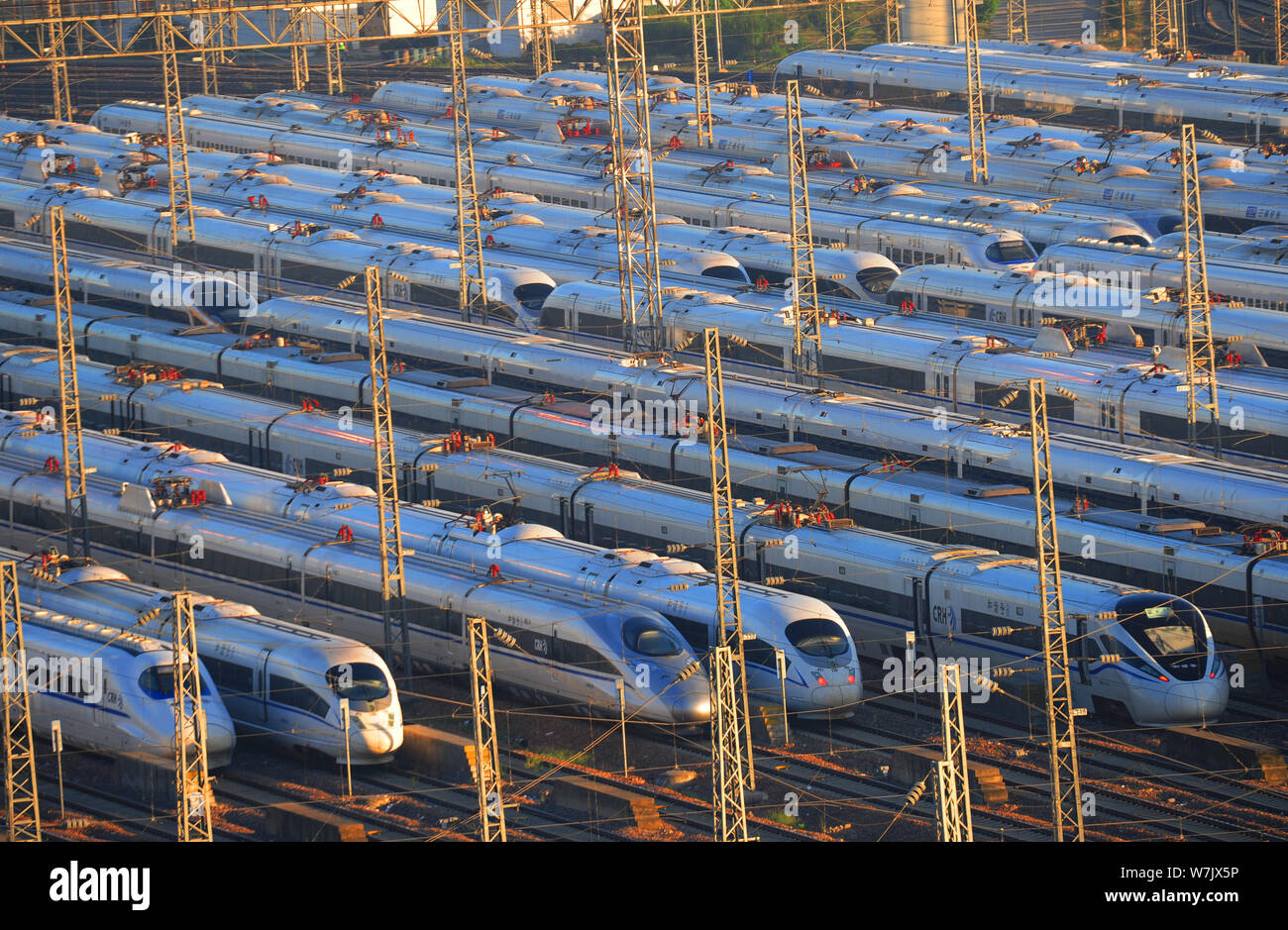 High-speed bullet trains were pictured at the Shanghai Hongqiao Railway ...