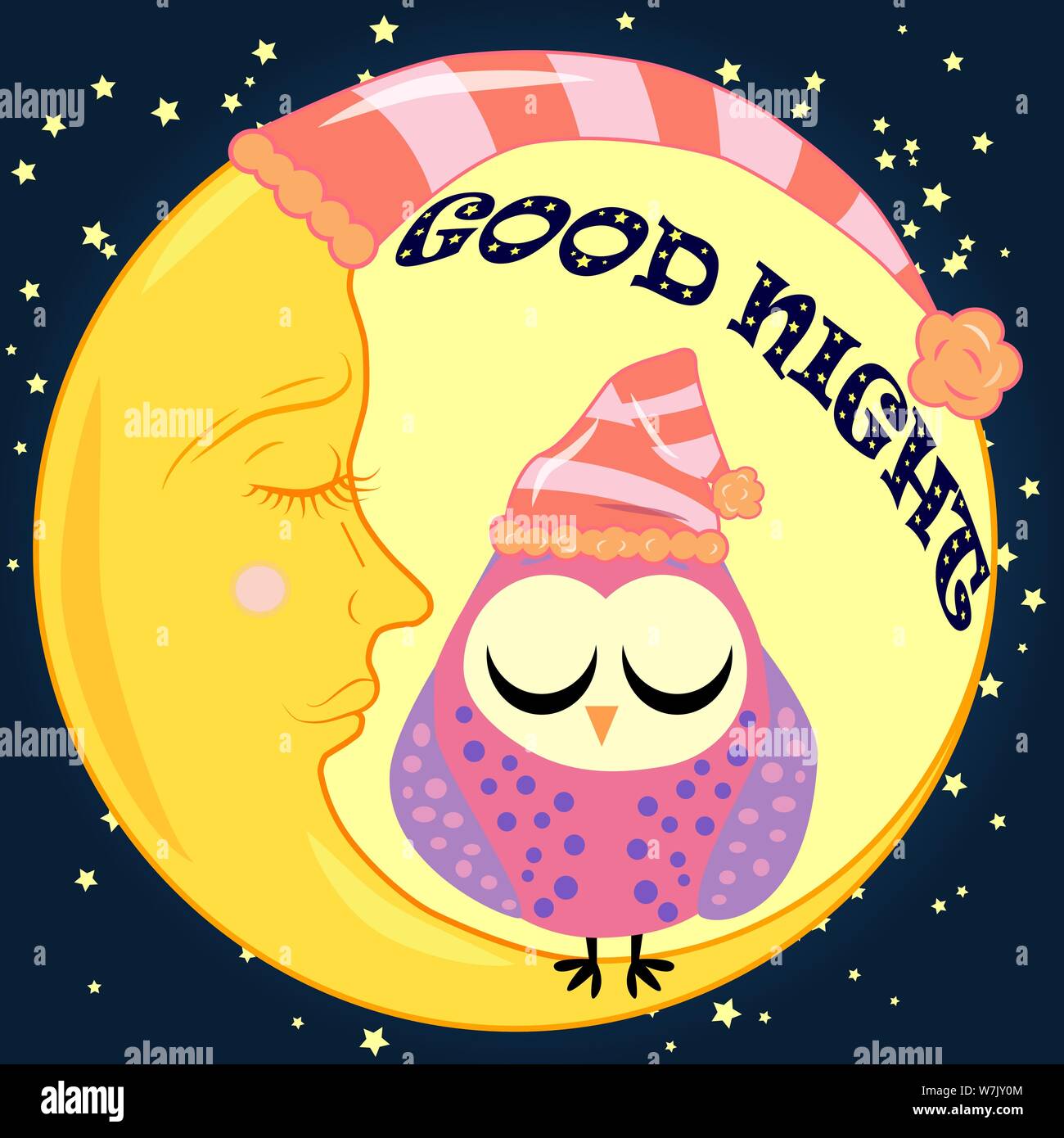 Good night. Postcard with a dormant crescent, a cute cartoon owl and ...
