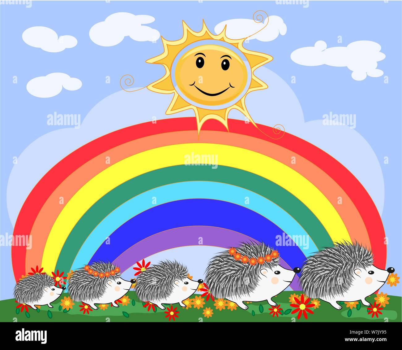 A family of five cute cartoon hedgehogs near a seven-colored rainbow on ...
