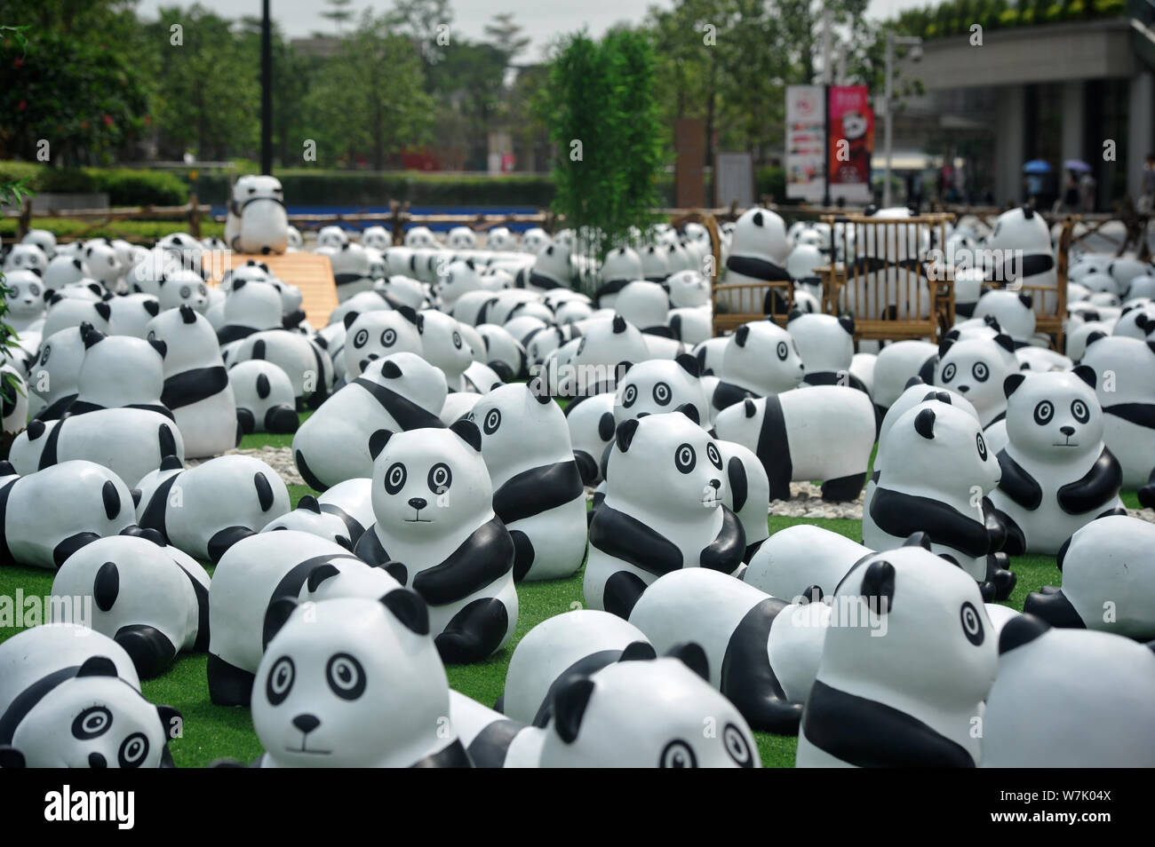 Giant panda sculptures are on display in front of the UniPark shopping ...