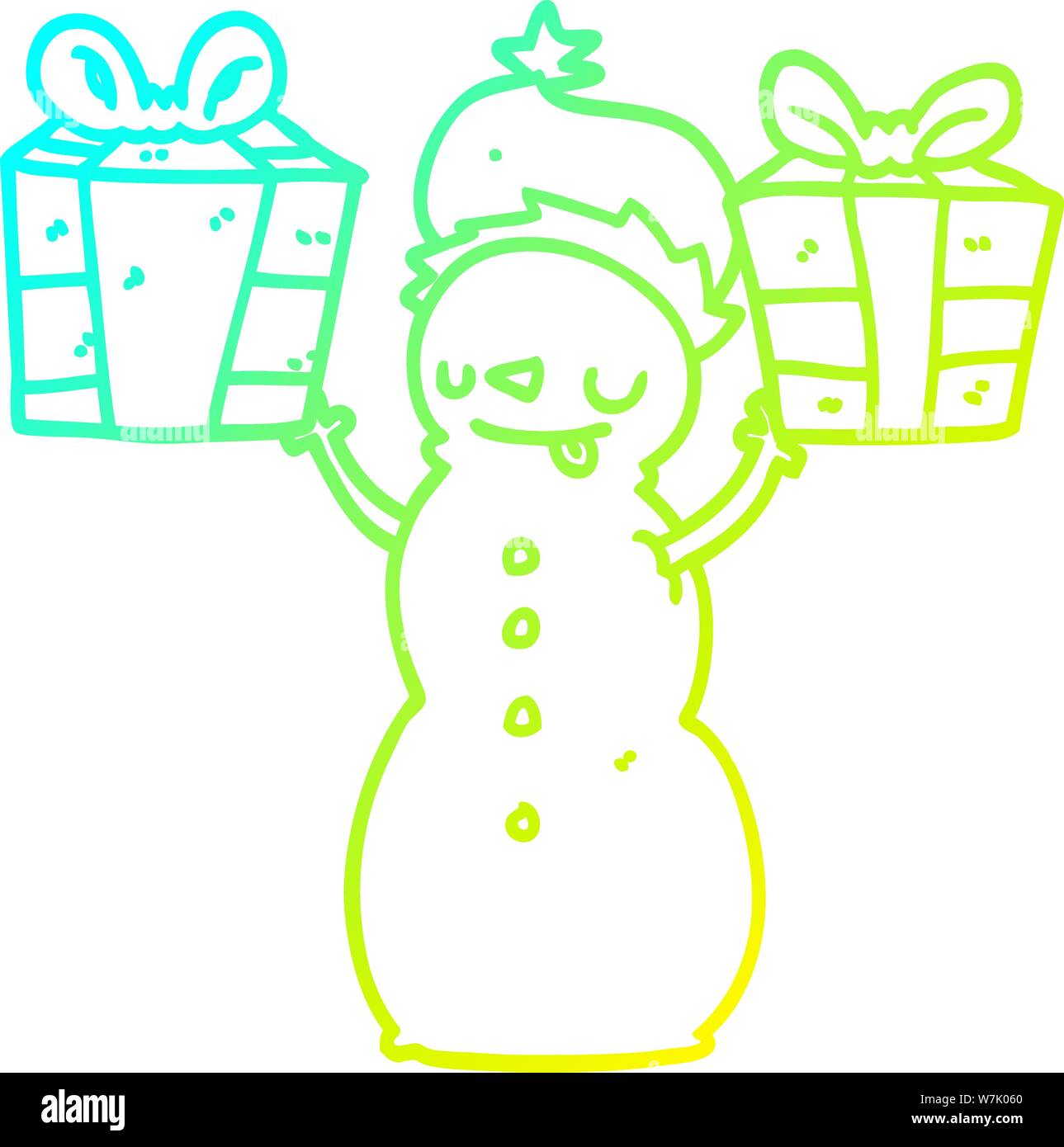 cold gradient line drawing of a cartoon snowman with present Stock ...