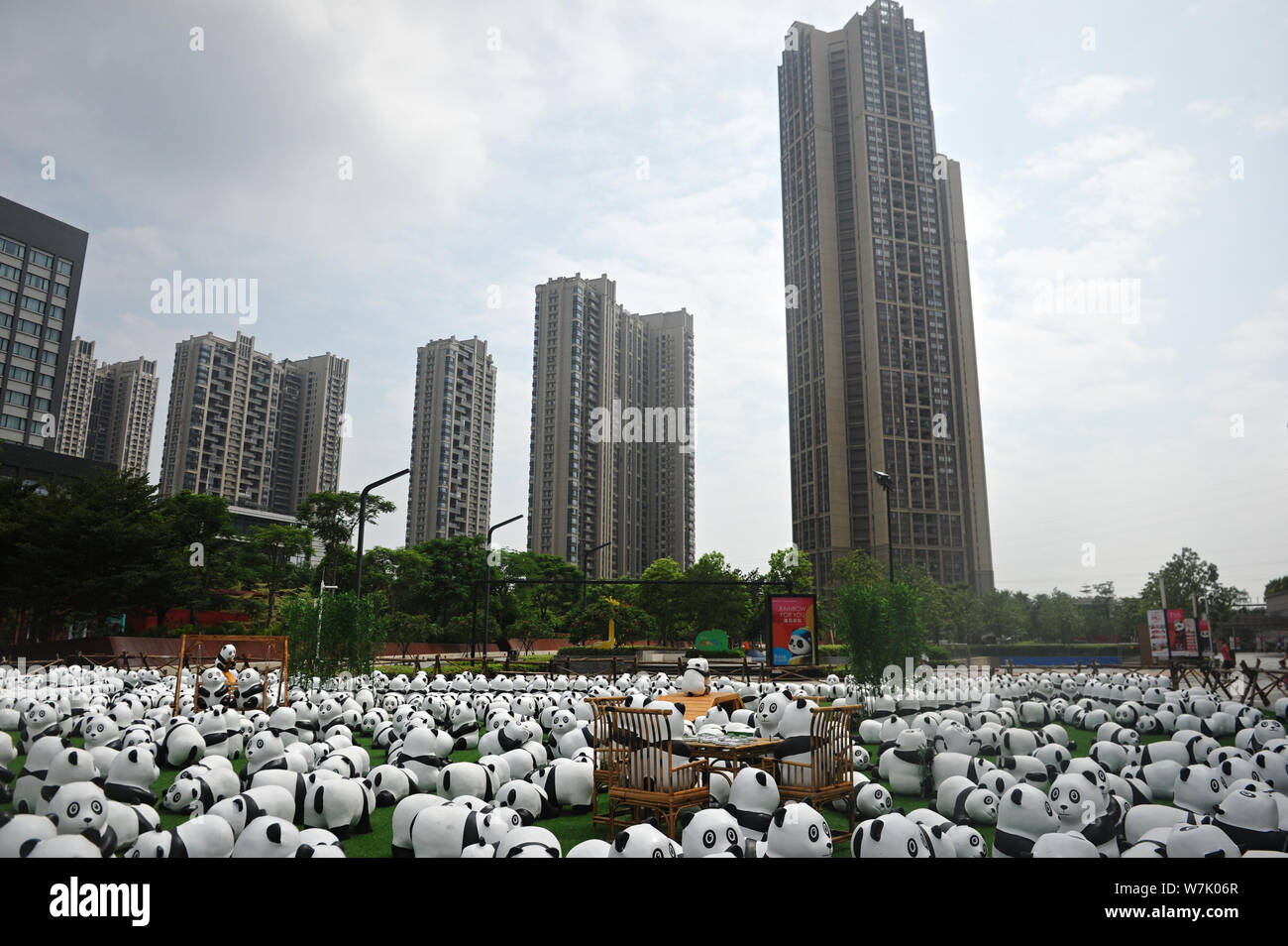 Giant panda sculptures are on display in front of the UniPark shopping ...