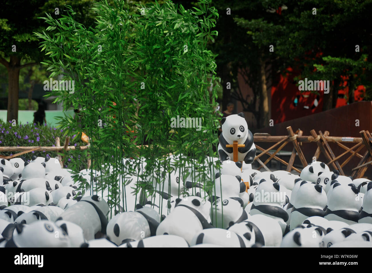 Giant panda sculptures are on display in front of the UniPark shopping ...