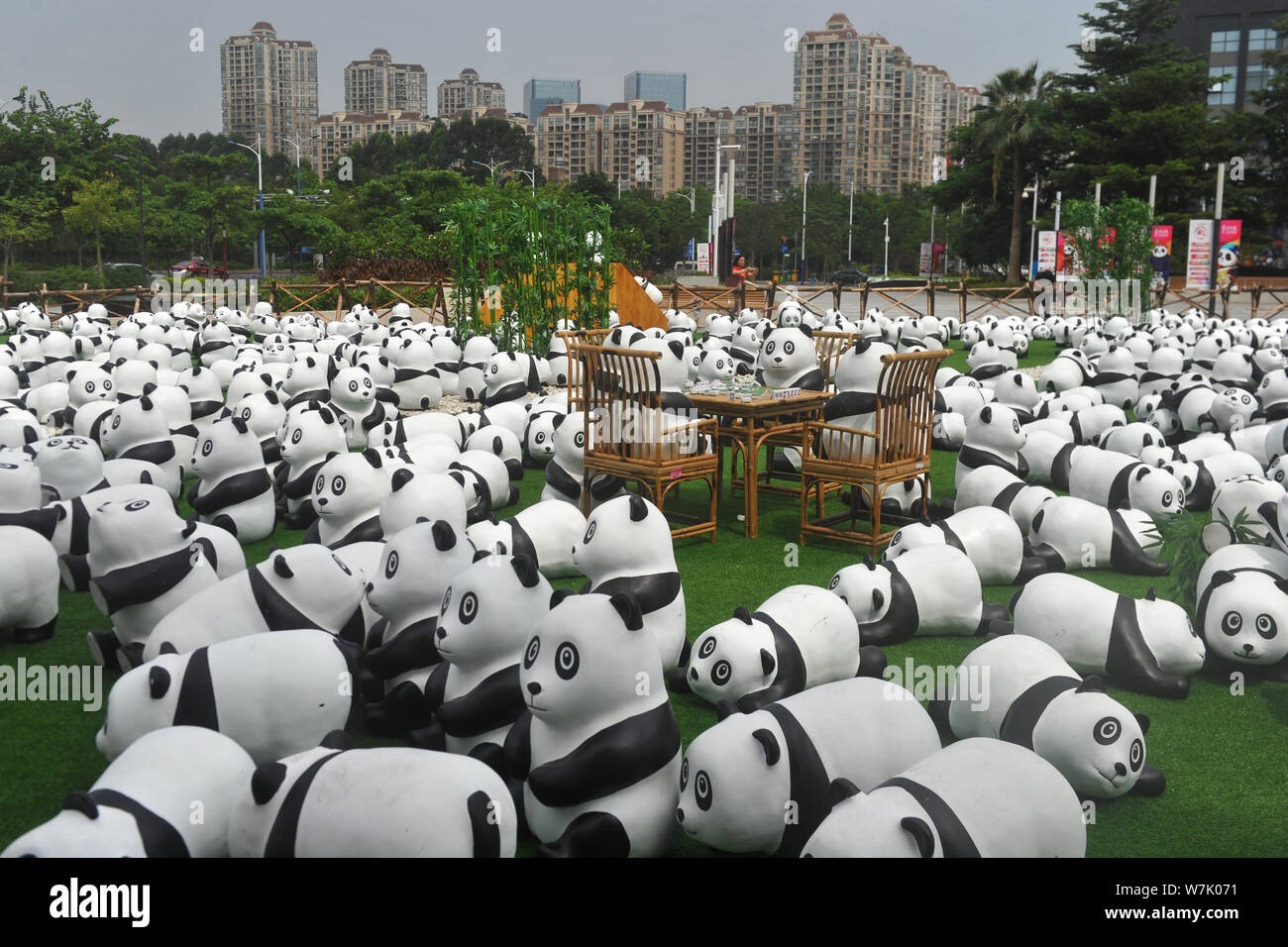 Giant panda sculptures are on display in front of the UniPark shopping ...