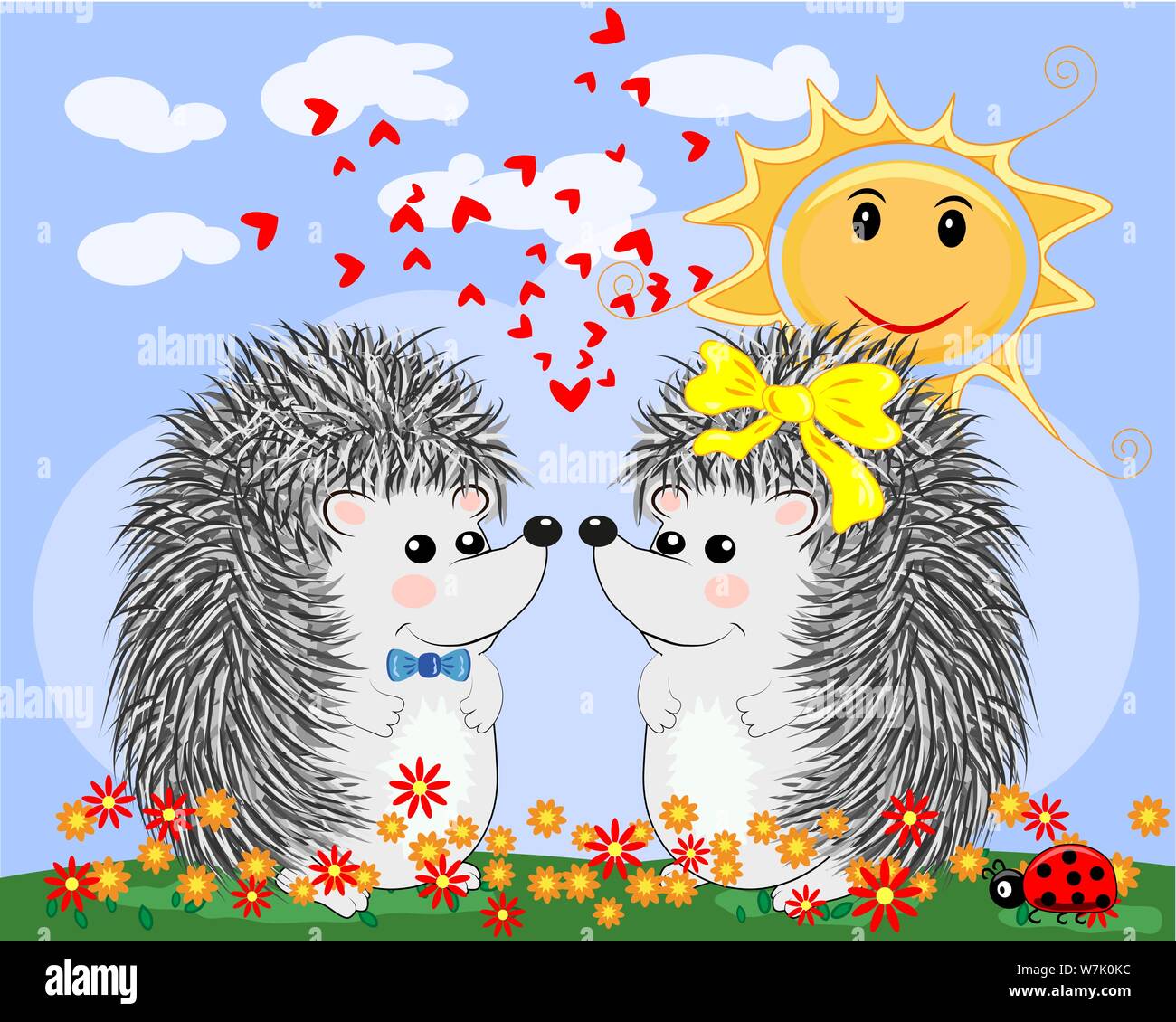 Two lovers cute cartoon hedgehogs, a boy and a girl and ladybug on a ...