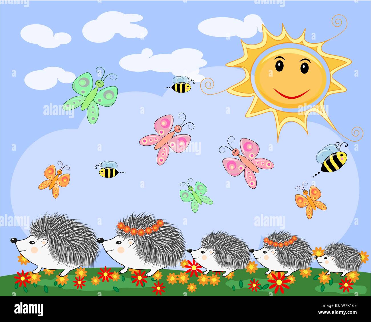 A family of five cute cartoon hedgehogs on a spring, summer day Stock ...