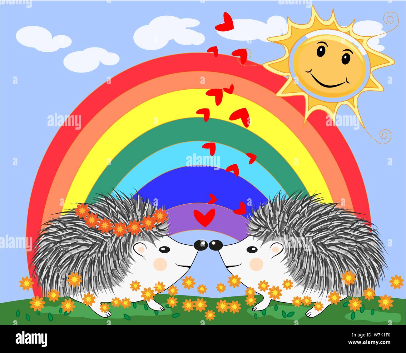 Two lovers cute cartoon hedgehogs, a boy and a girl near a seven ...