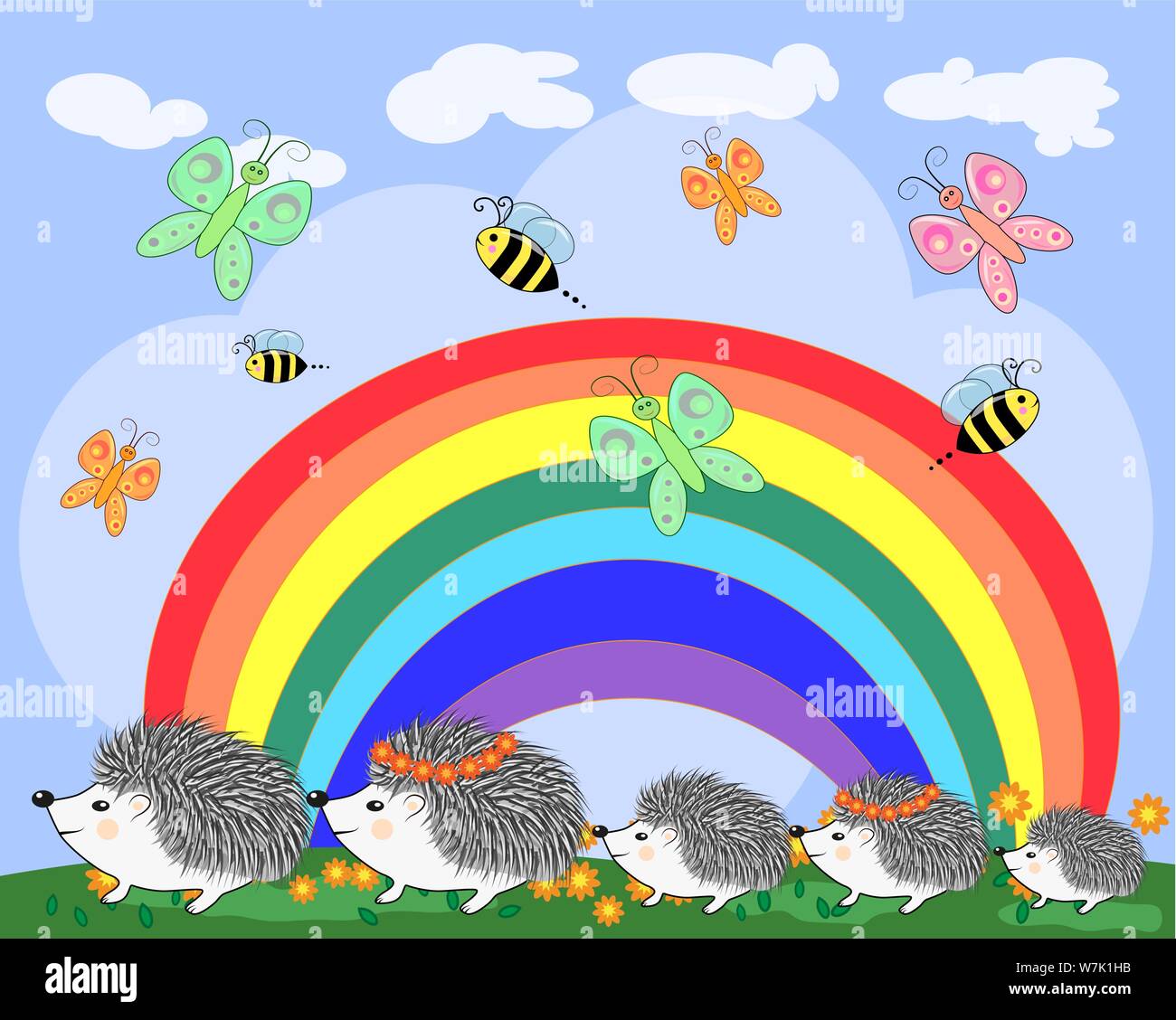A family of five cute cartoon hedgehogs near a seven-colored rainbow on ...