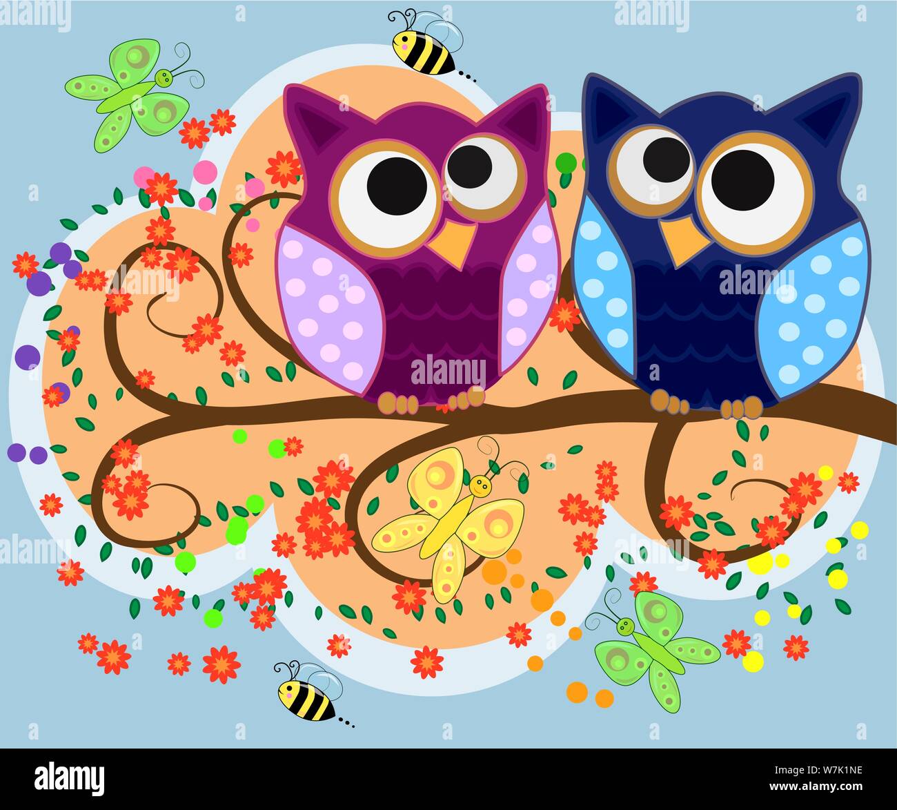 Bright, cartoonish, flirtatious, loving owls on the flowering branches ...