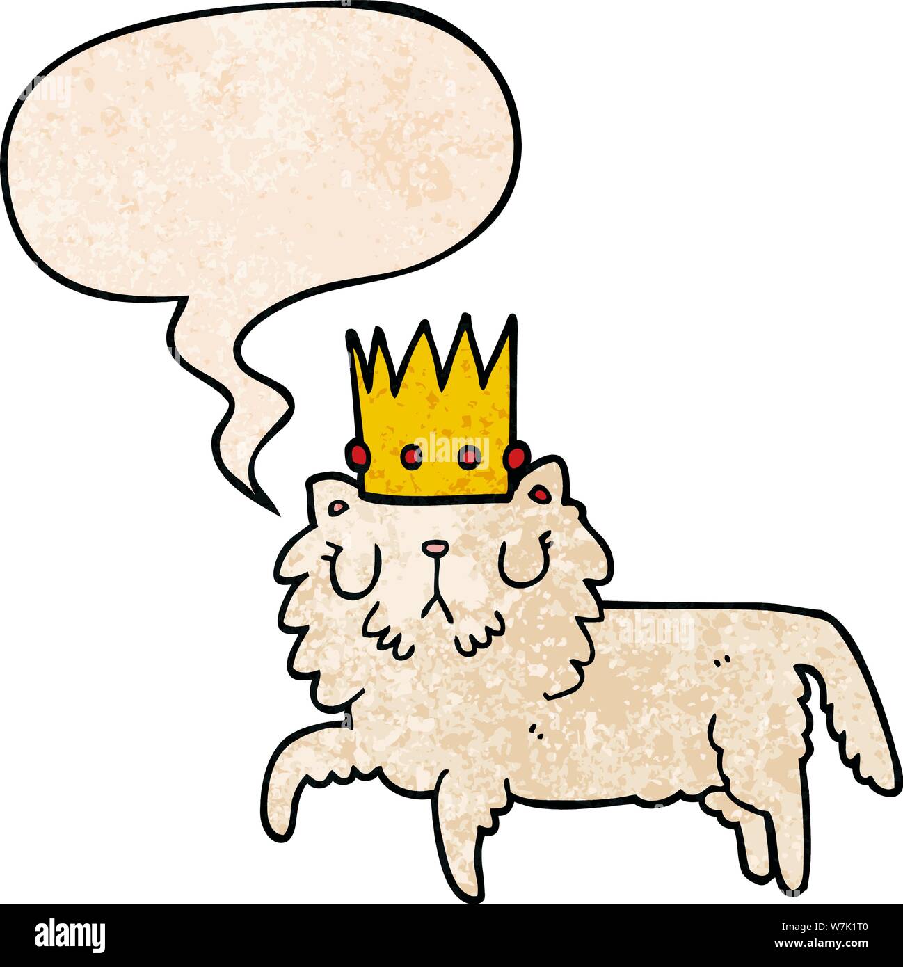 cartoon cat wearing crown with speech bubble in retro texture style ...