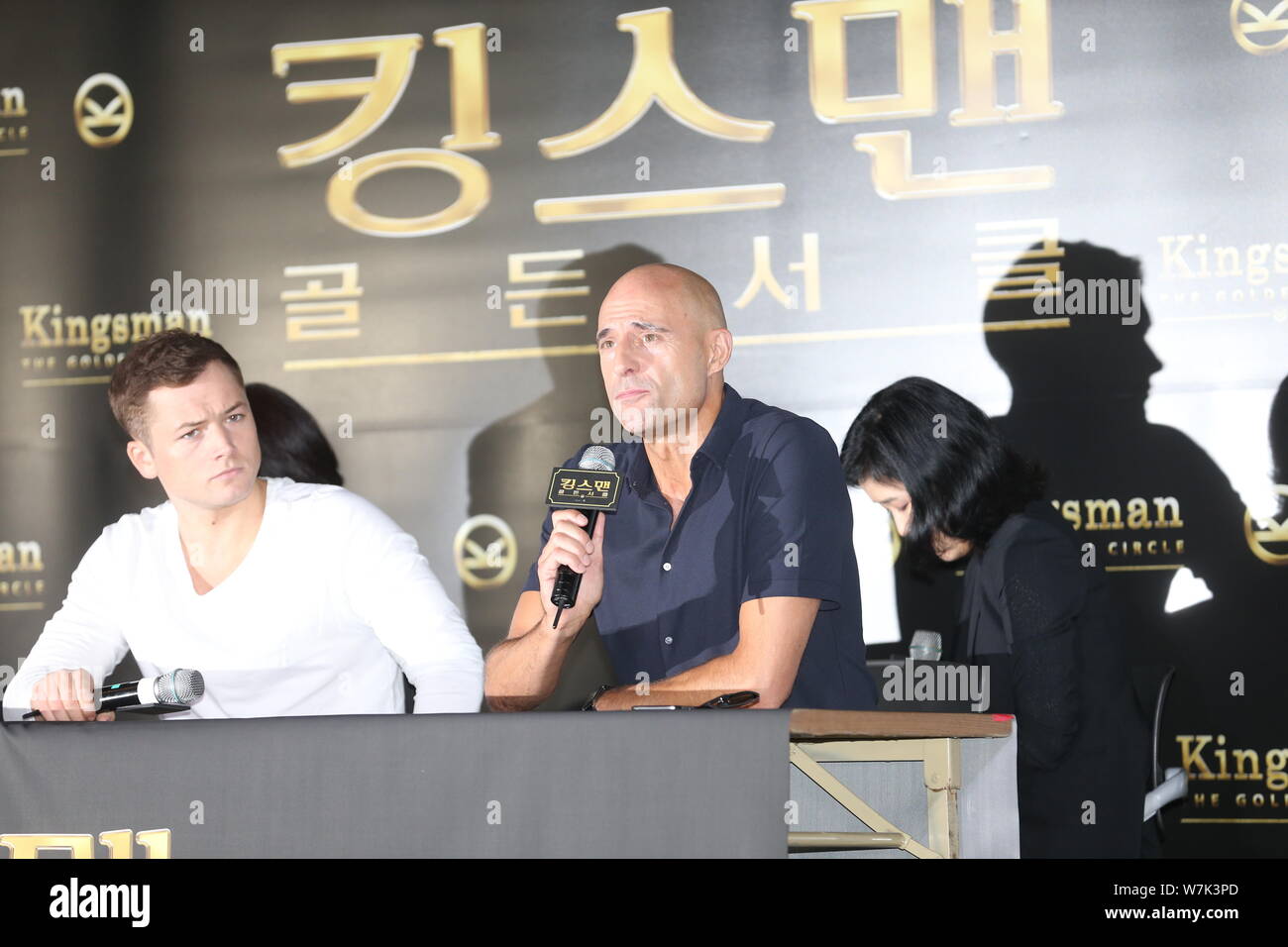 (From left) British actors Taron Egerton, left, and Mark Strong attend ...